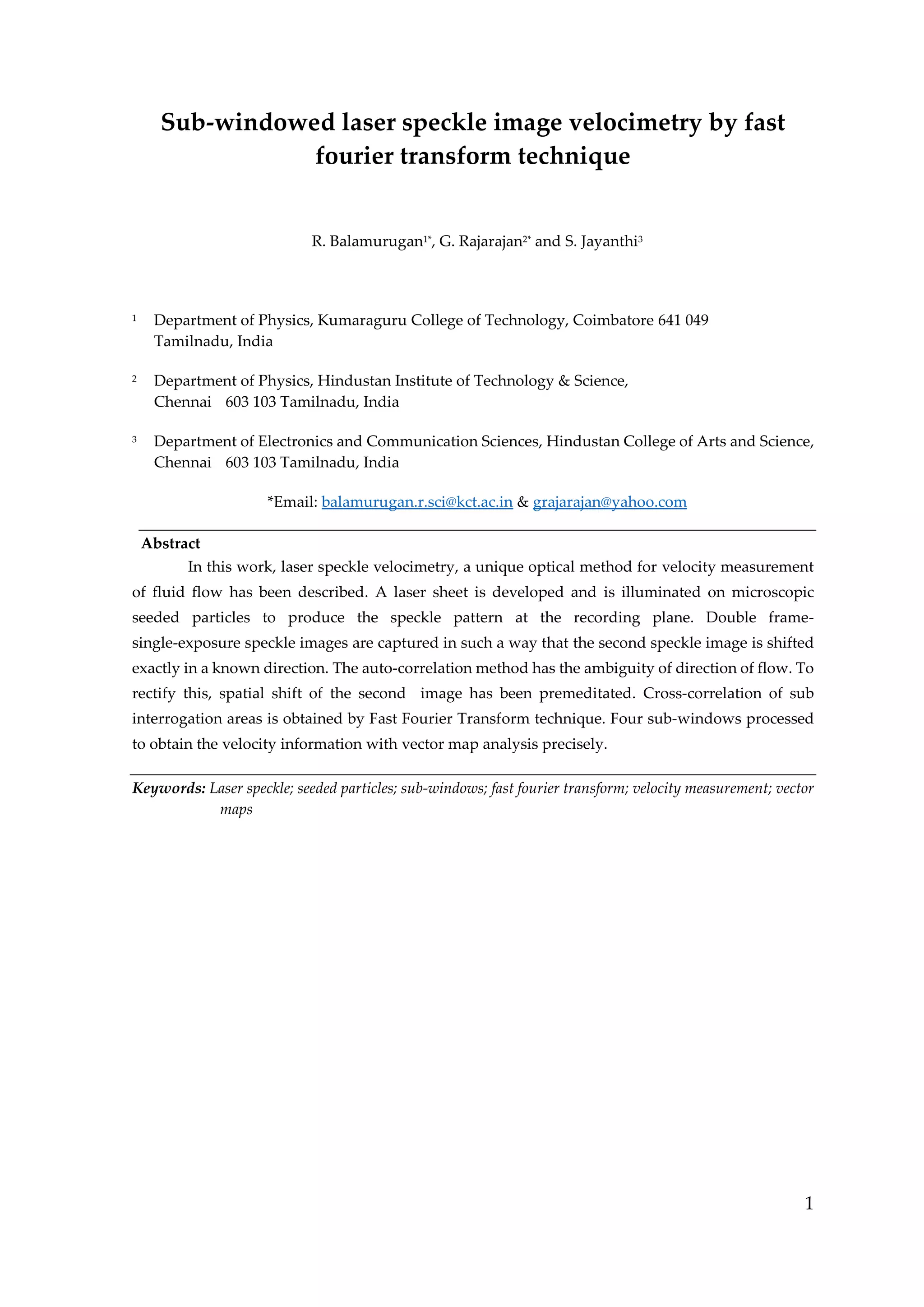Sub-windowed laser speckle image velocimetry by fast fourier transform technique | PDF | 3-D ...