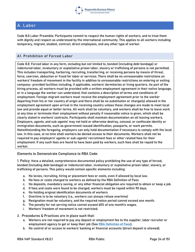 RBA-VAP-Standard Responsible Business Alliance Code of Conduct v8.0 | PDF