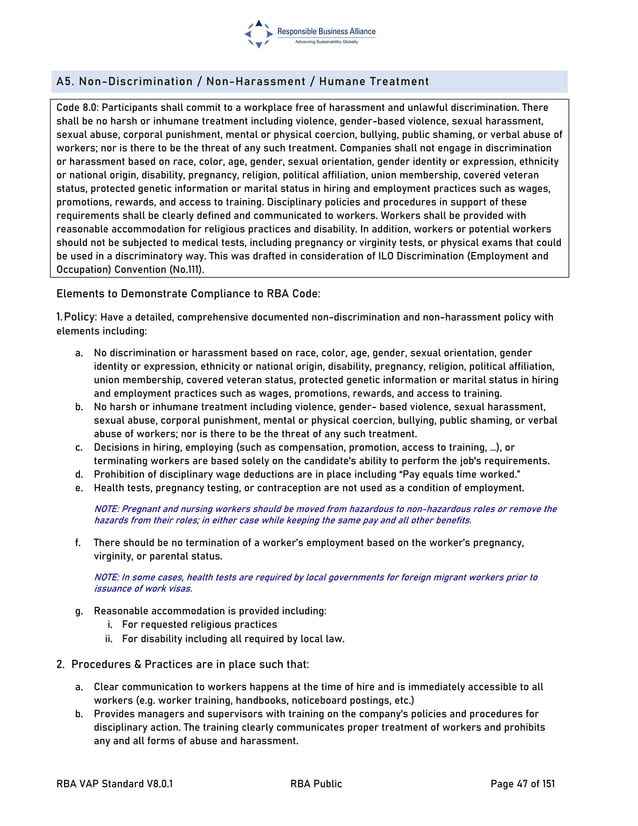 RBA-VAP-Standard Responsible Business Alliance Code of Conduct v8.0 | PDF