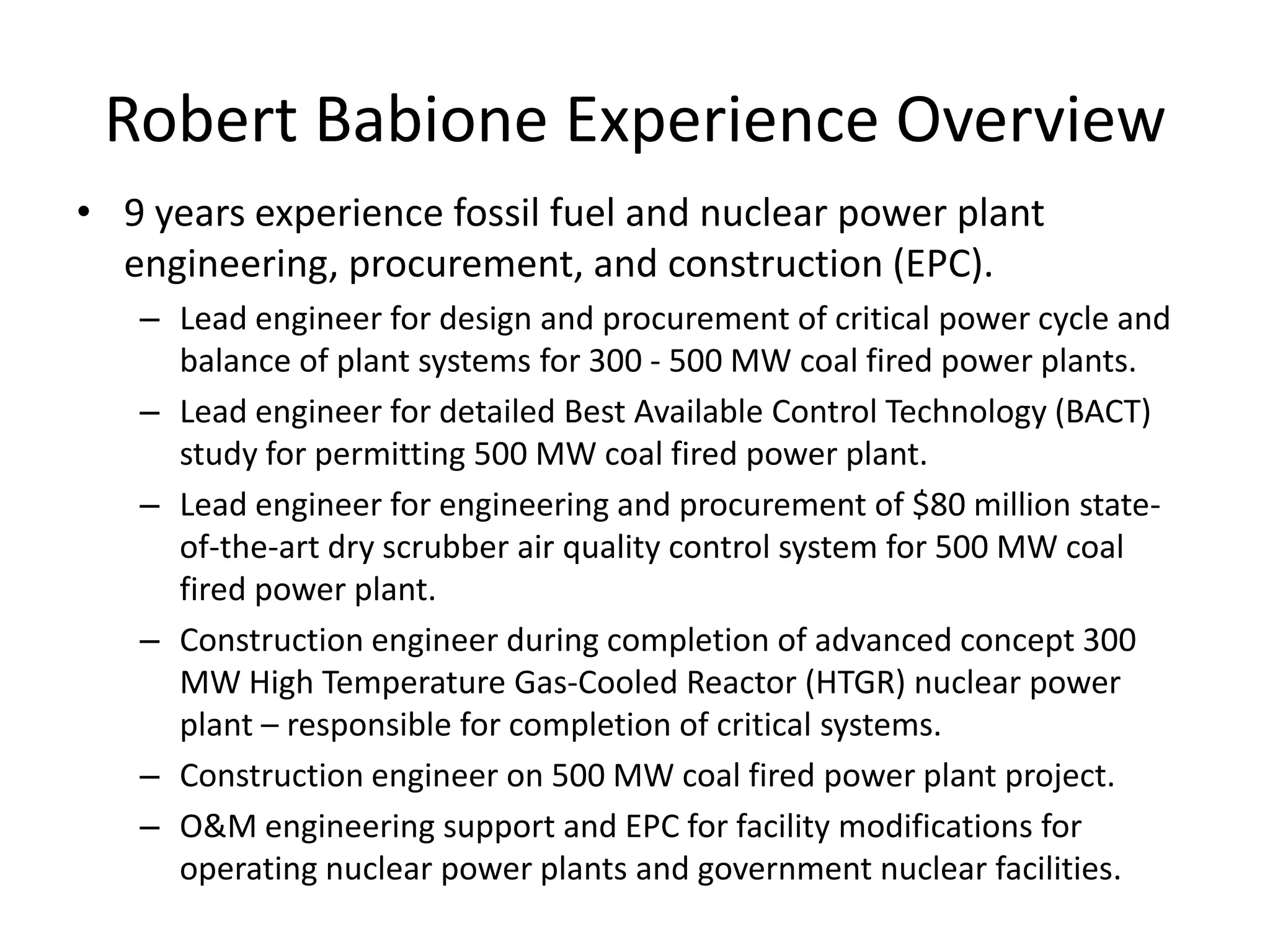 R Babione Experience Overview | PPT