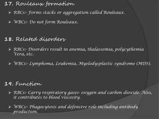 Rbc vs wbc, basic difference between RBCs & WBCs, blood cells, blood | PPT
