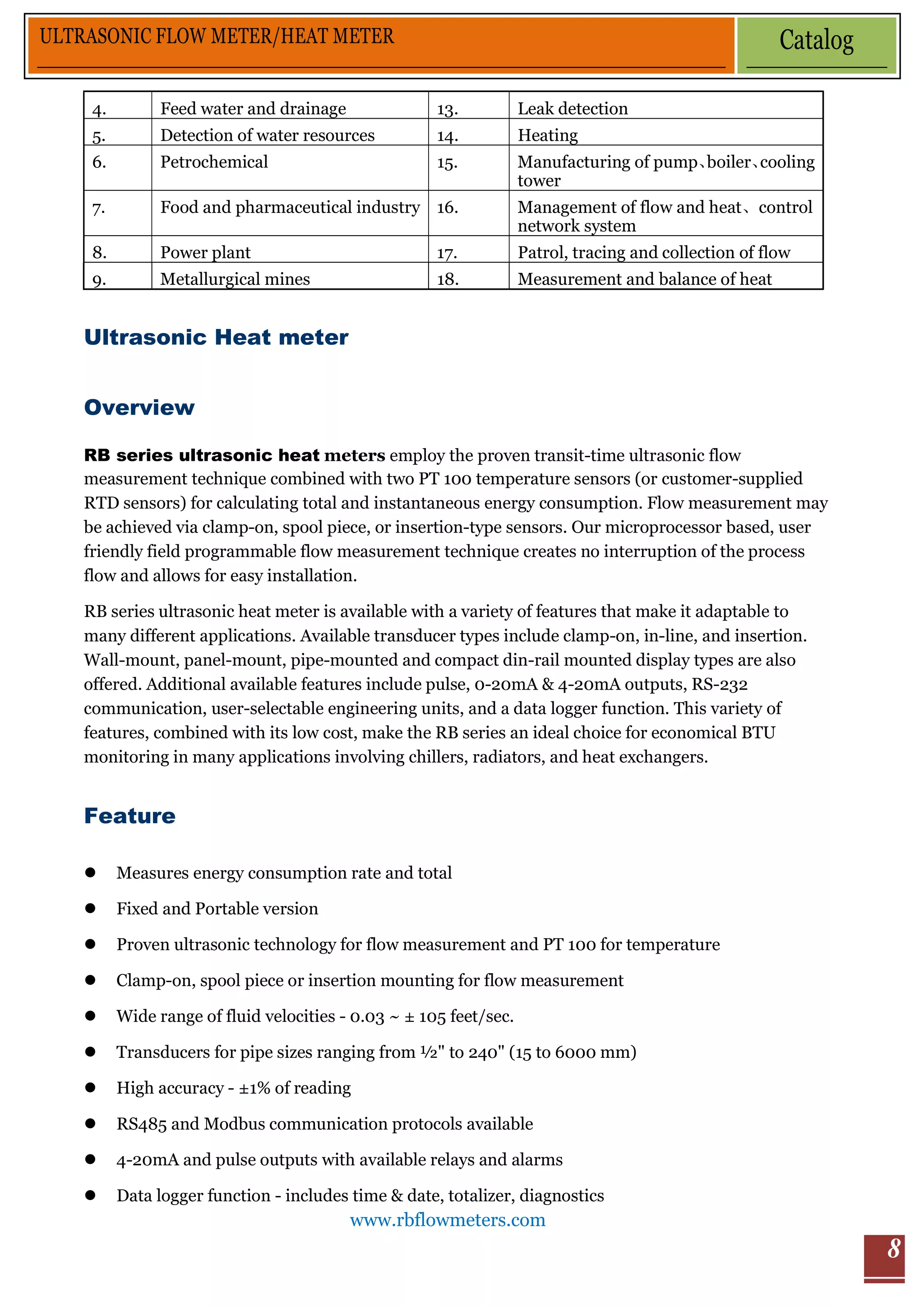 RBFM Clamp-on Ultrsonic Flow Meter/ Heat Meter Catalog | PDF