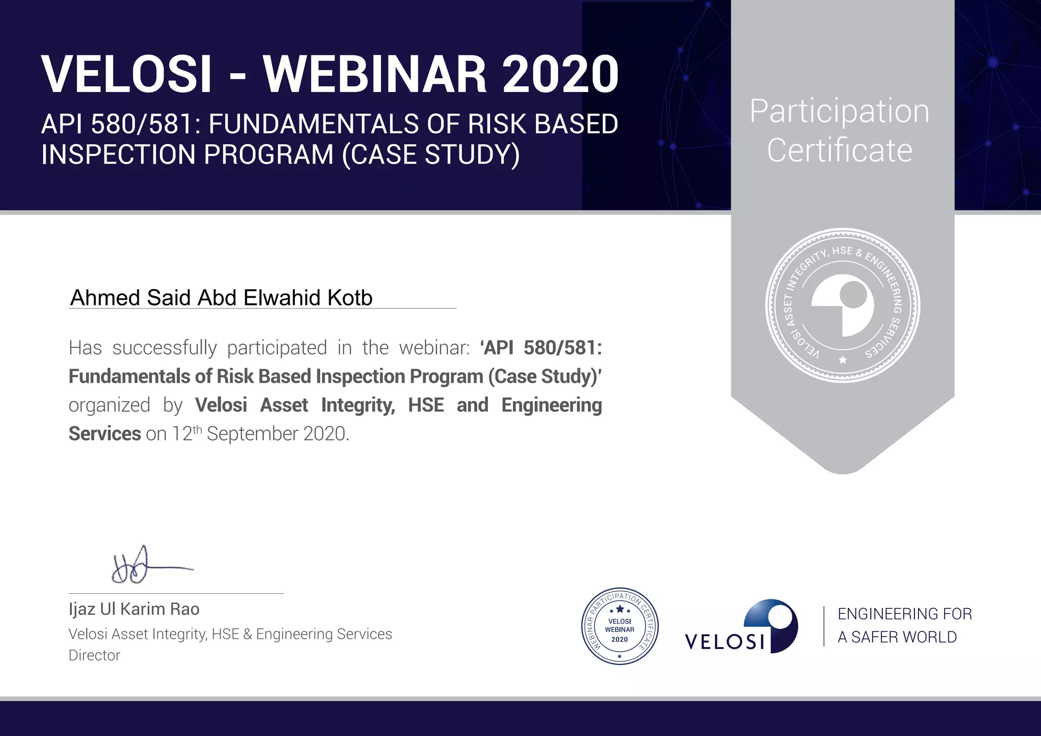 Certificate of Completion "API 580/581: Fundamentals of Risk Based Inspection Program" online ...