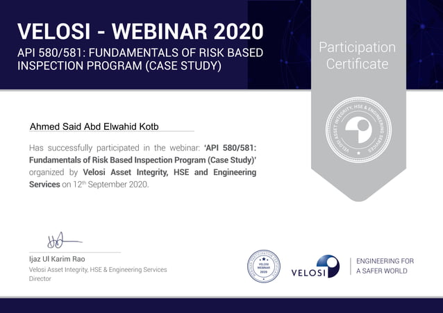 Certificate of Completion "API 580/581: Fundamentals of Risk Based Inspection Program" online ...
