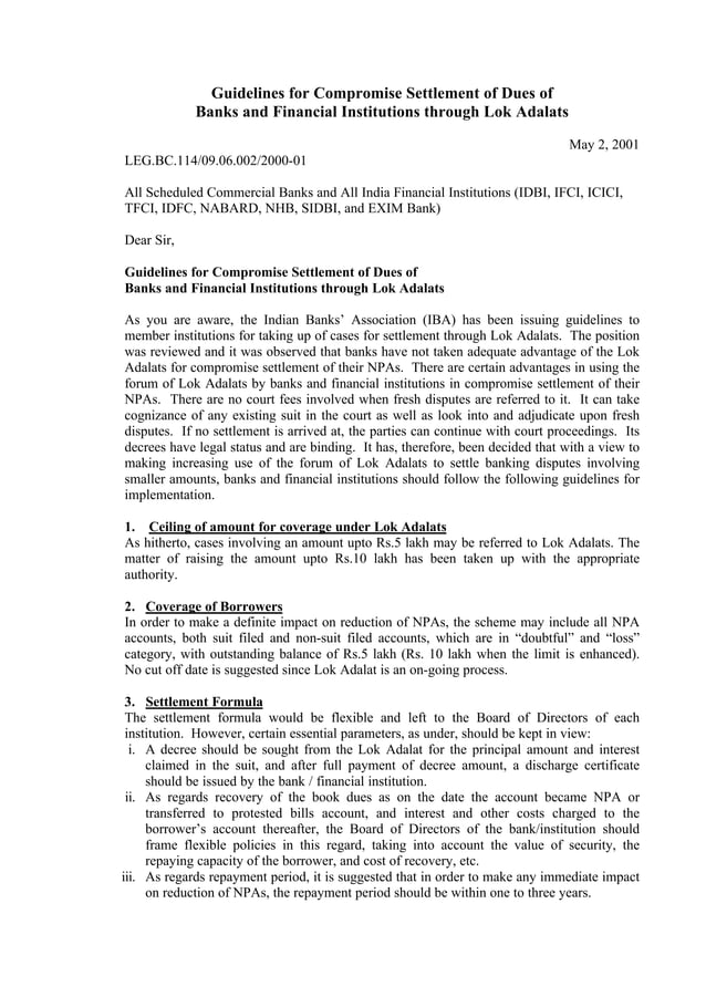RBI GUIDELINES: GUIDELINES FOR COMPROMISE SETTLEMENT OF DUES OF BANKS ...