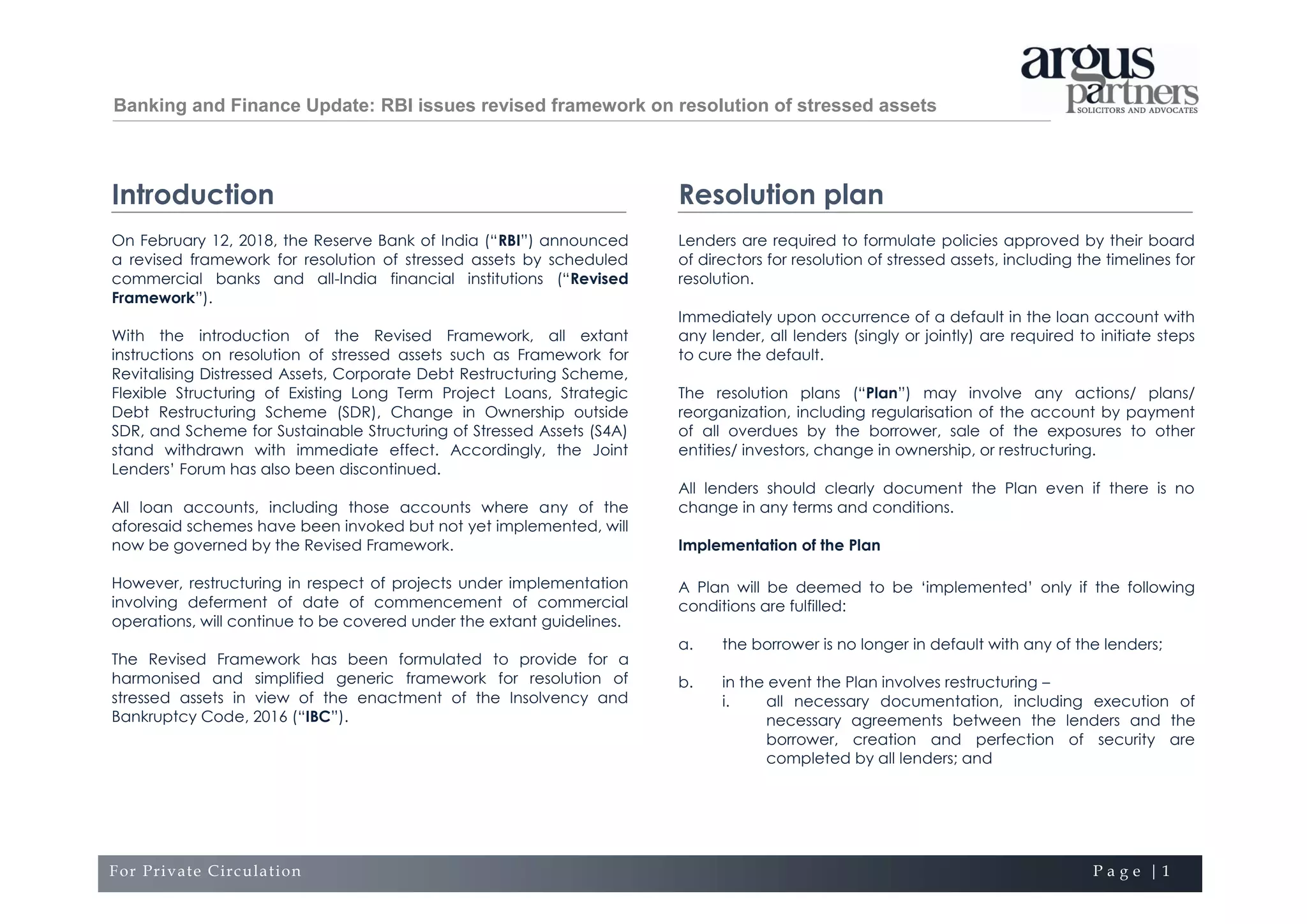 RBI Issues Revised Framework on Stressed Assets | PDF