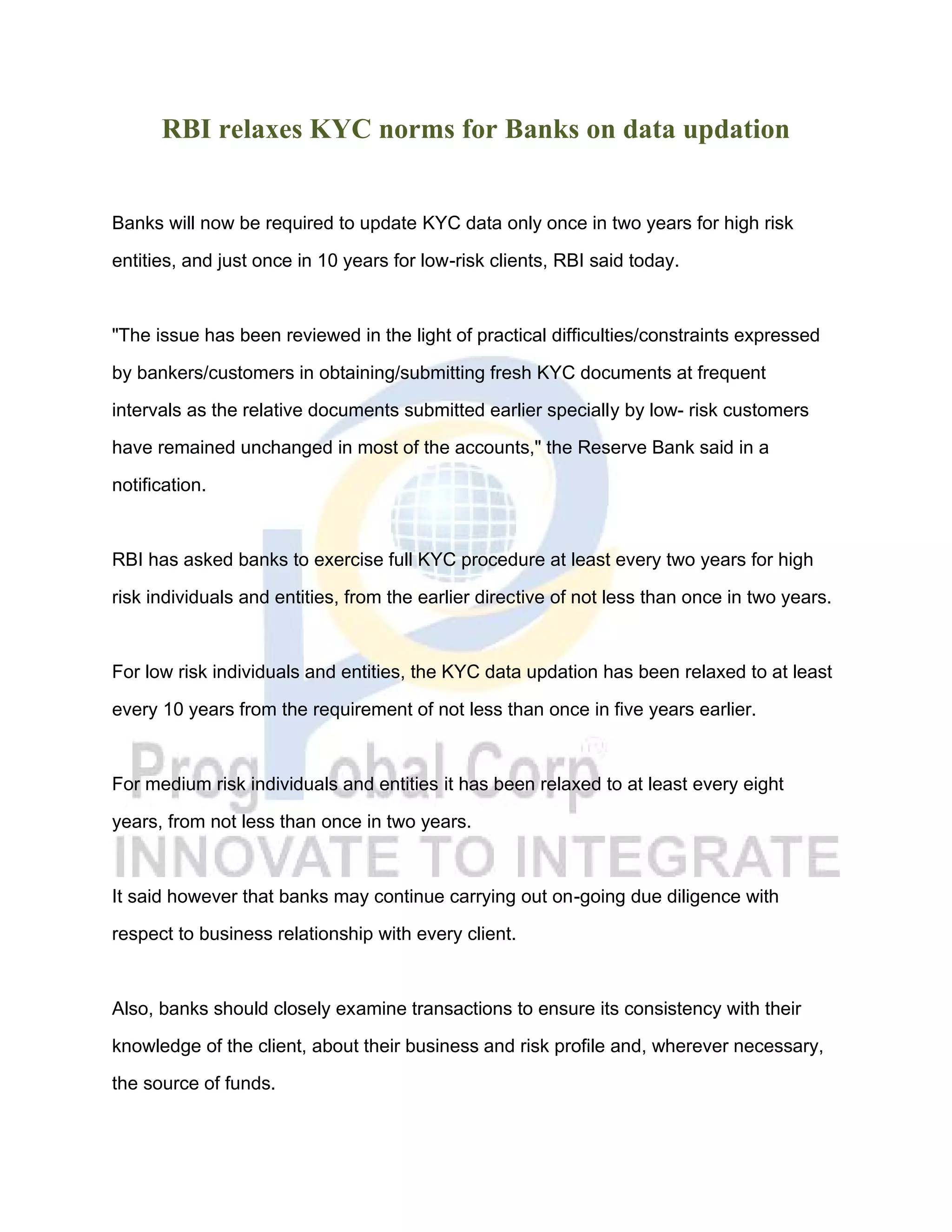 RBI relaxes KYC Norms for Banks on data updation | PDF