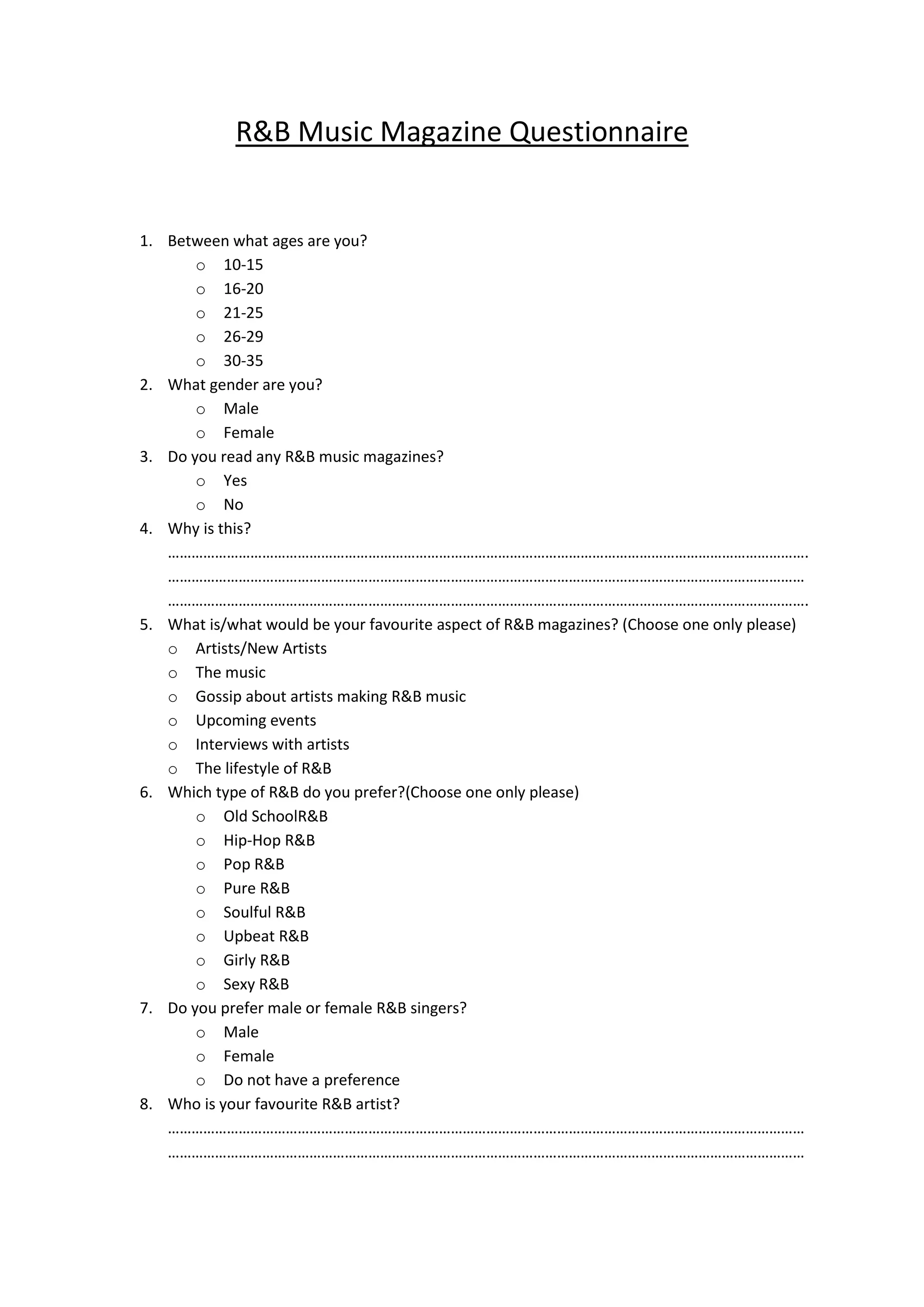 R&b music magazine questionnaire | DOCX | World/International Music | Music