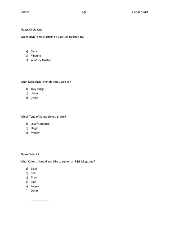 R&b questionaire | PDF