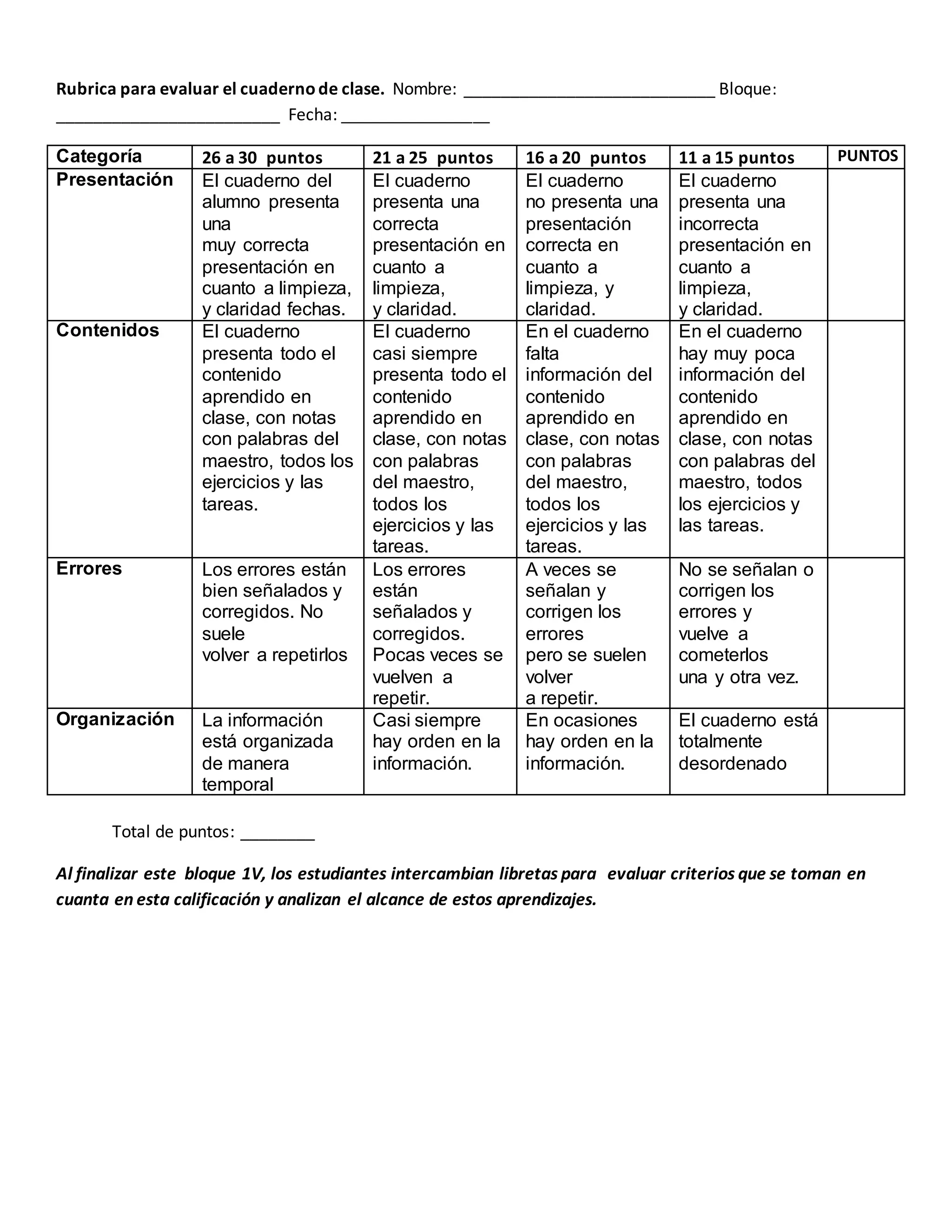Rúbrica para evaluar cuaderno de clase | DOCX