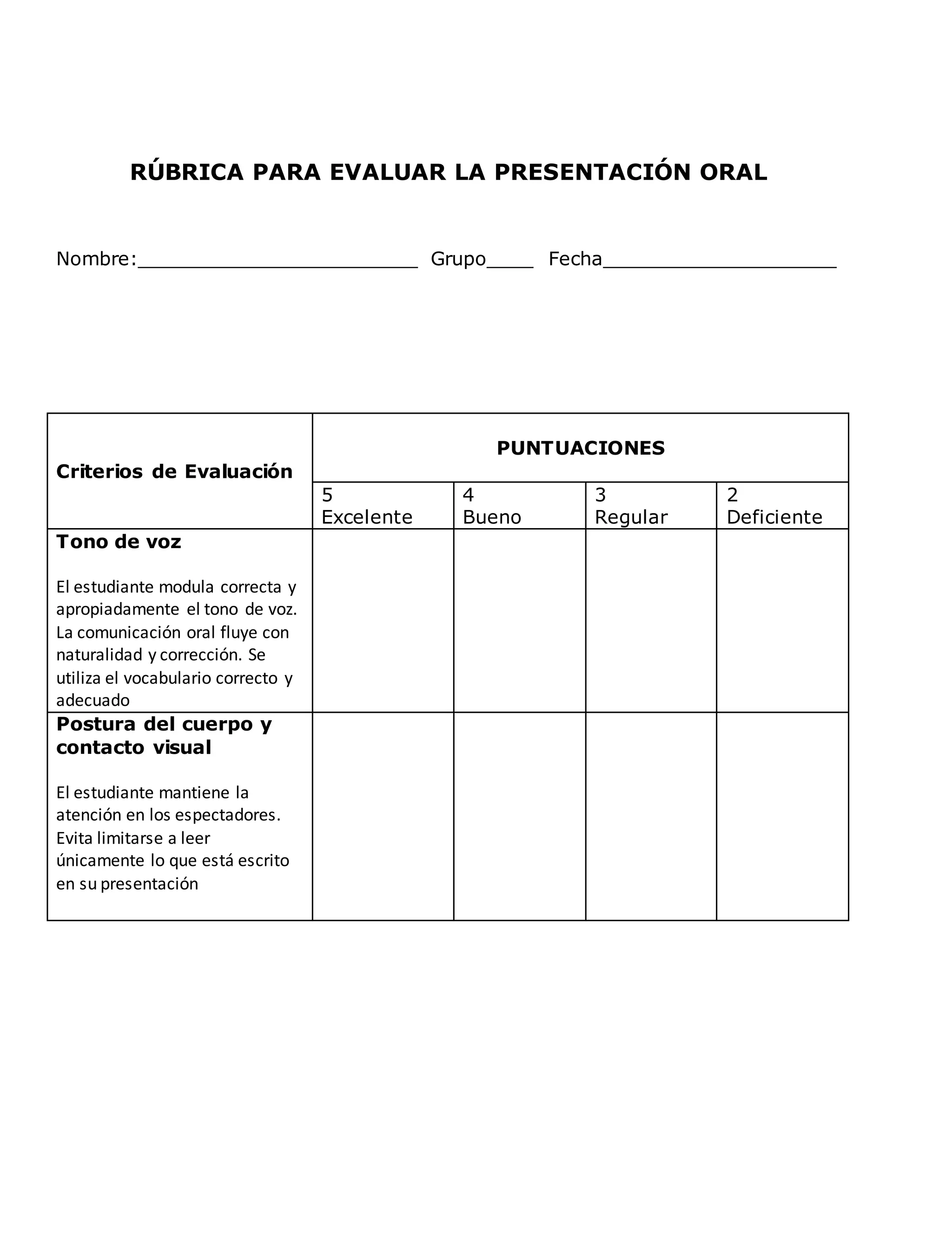 Rúbrica para evaluar la presentación oral | DOCX