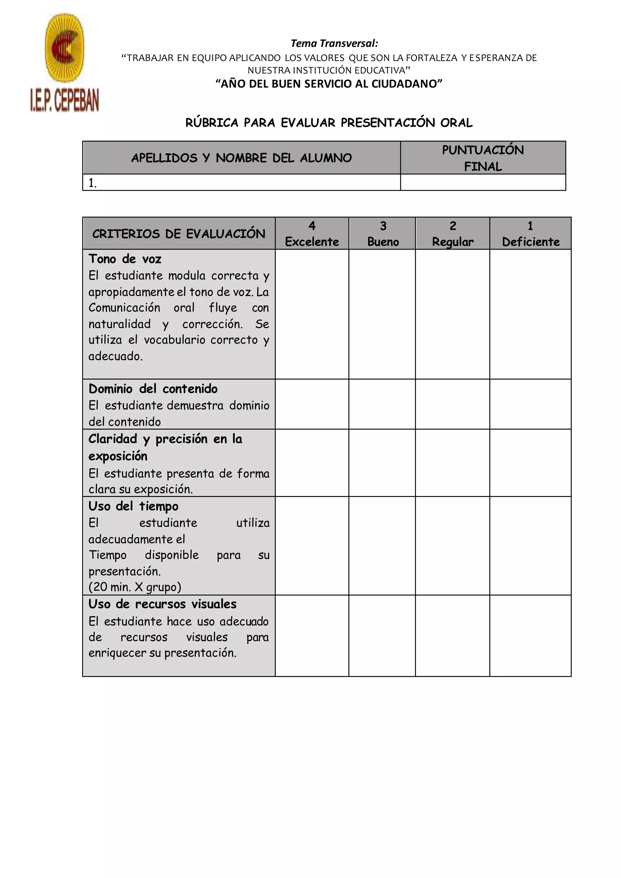 Rúbrica para evaluar presentación oral | DOCX