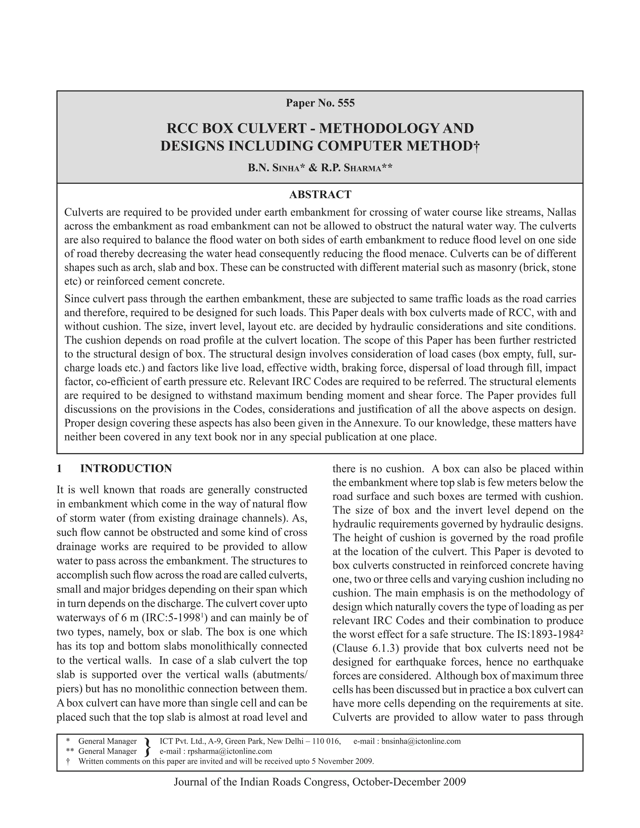 Rcc box culvert methodology and designs including computer method | PDF