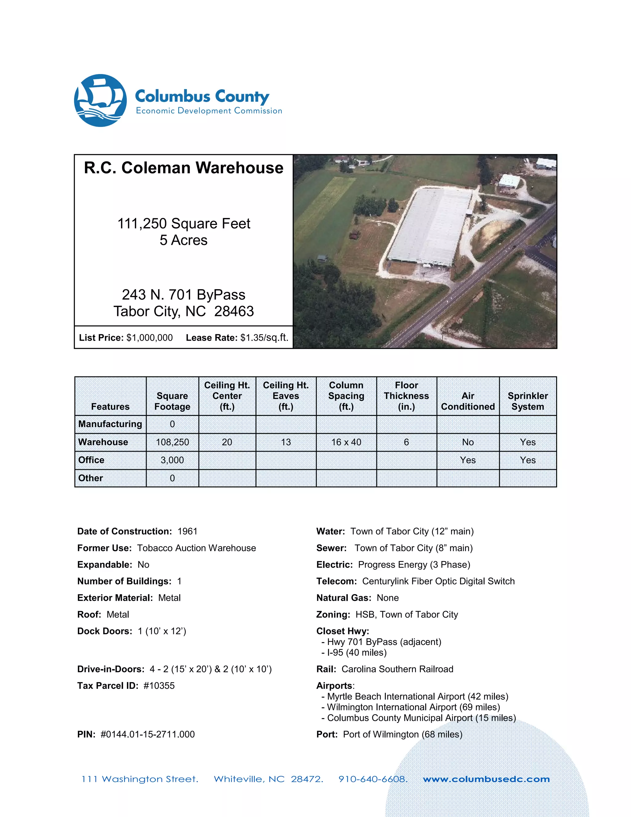 R.C. Coleman Warehouse 111,250 Square For Sale/Lease | PDF