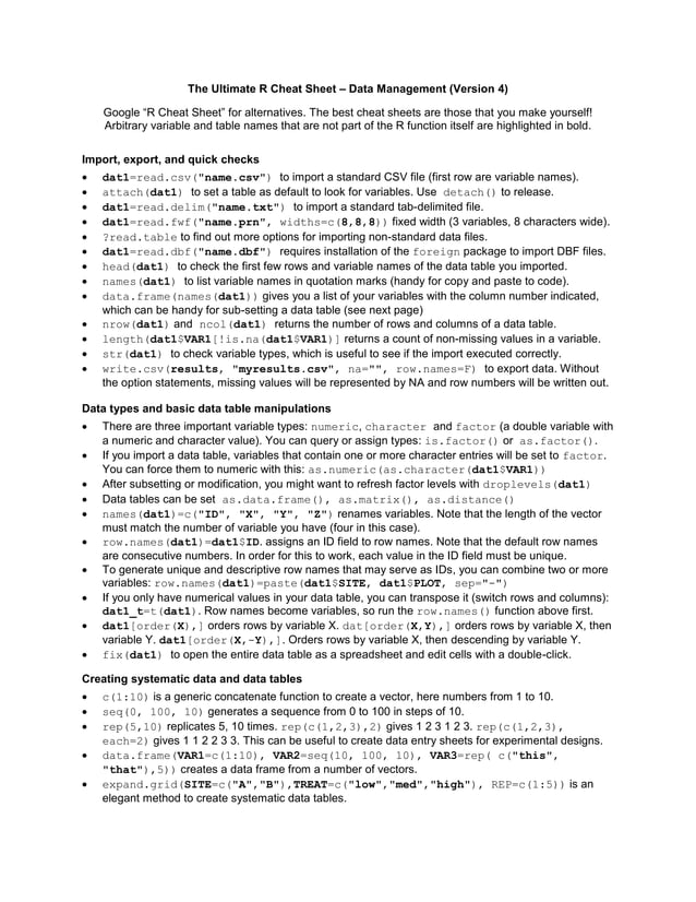 R Cheat Sheet – Data Management | PDF