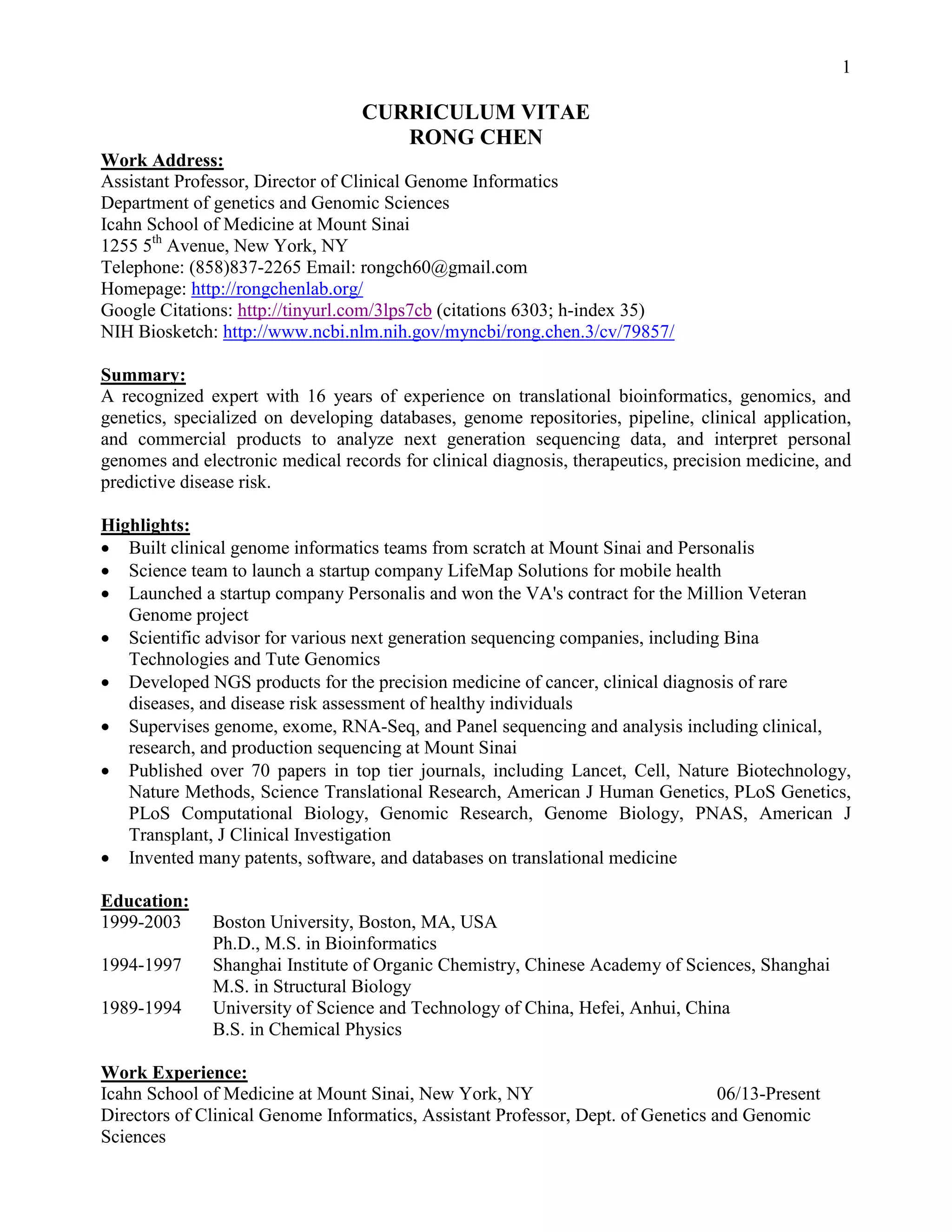 CV of Rong Chen | PDF