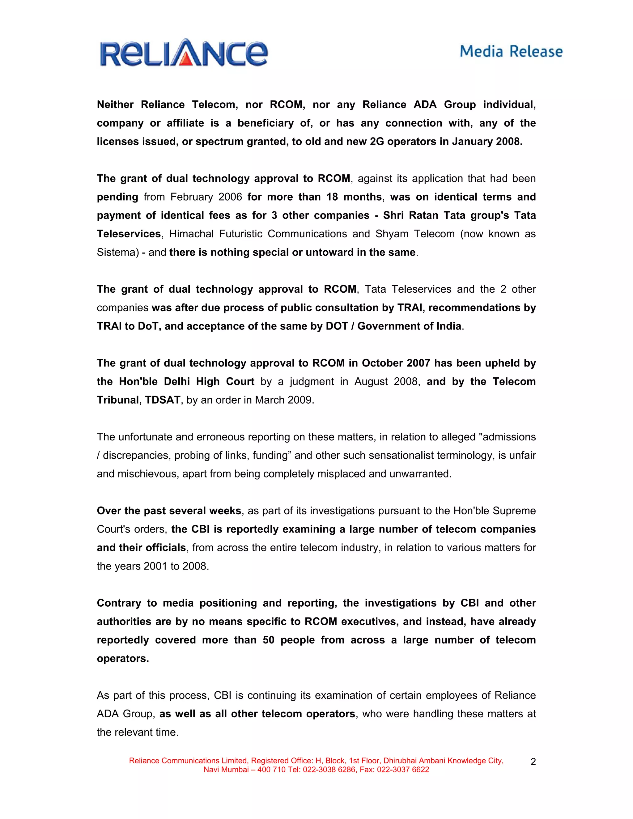 Rcom (Reliance Telecom) media statement leak | PDF