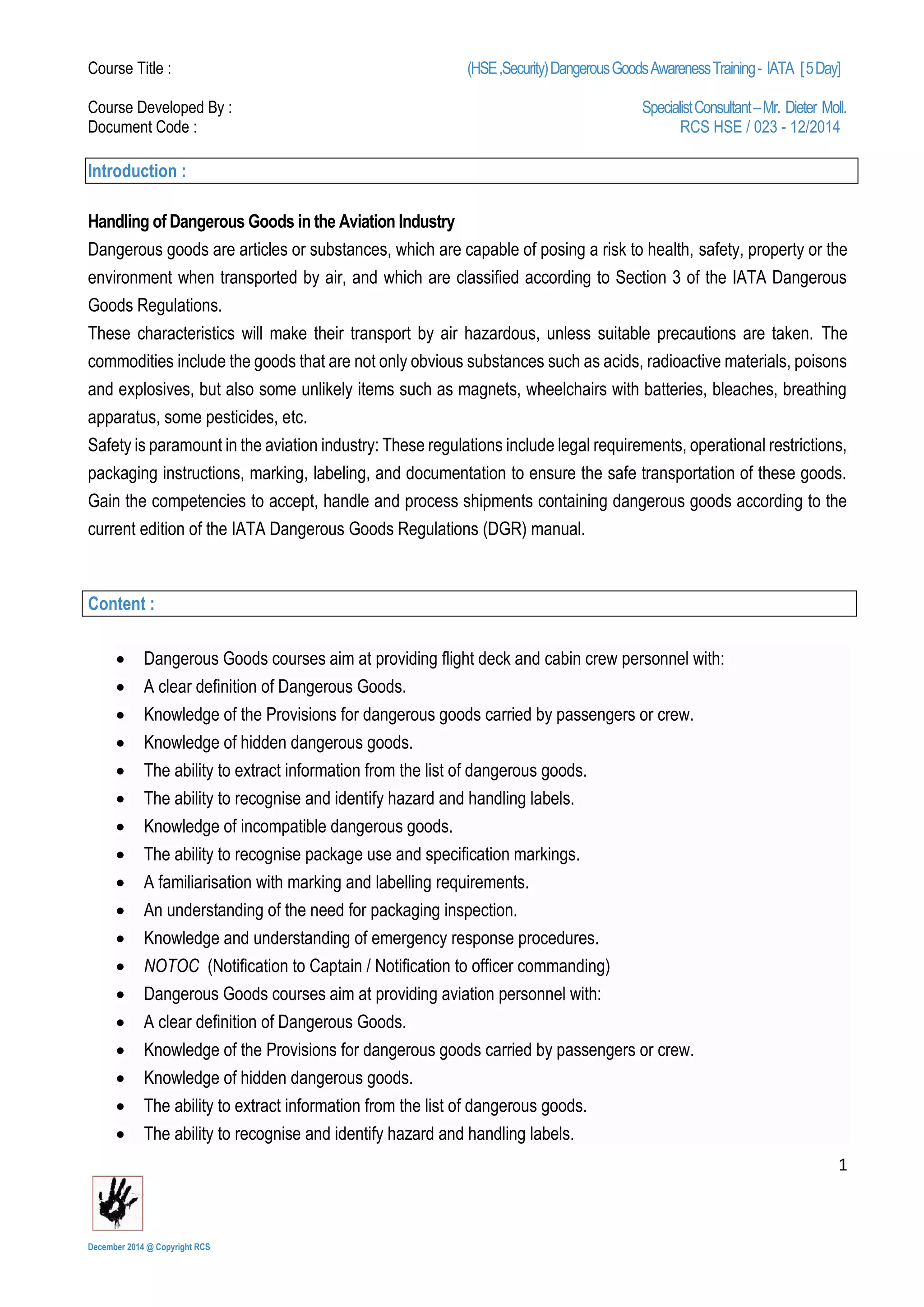 Rcs hse 023-12-2014 - dangerous goods awareness training - iata ...