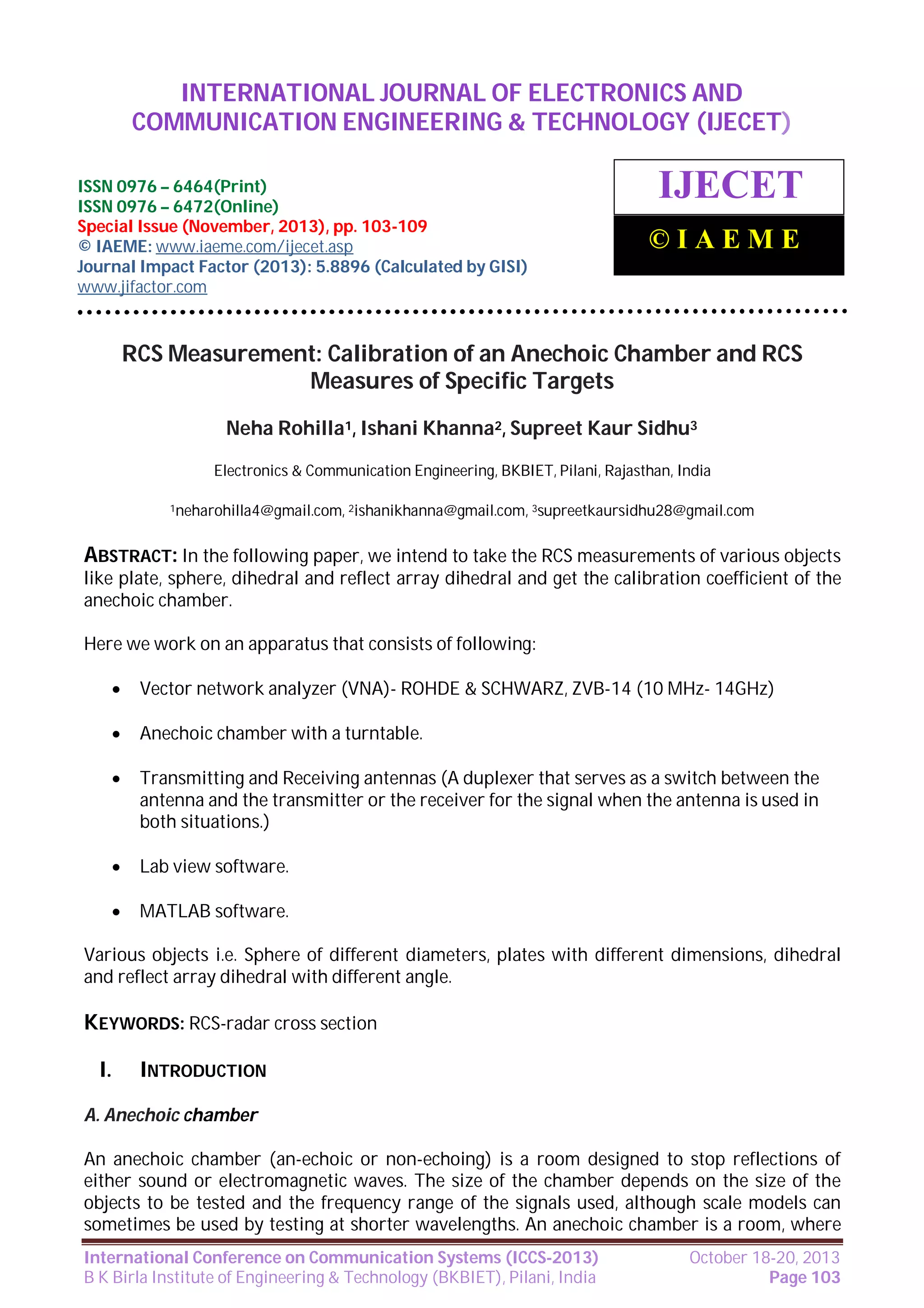 Rcs Measurement Calibration Of An Anechoic Chamber And Rcs Pdf