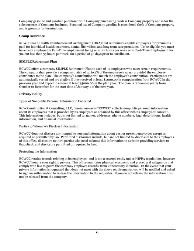 RCW Construction Employee Handbook | PDF | Holidays