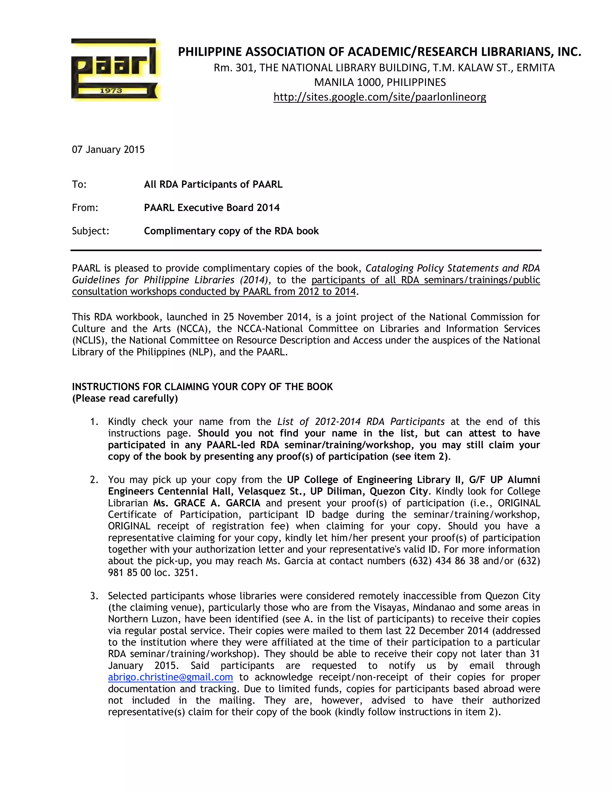 Rda book claiming instructions | PDF