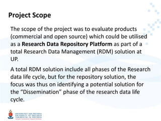Criteria and evaluation of research data repository platforms @ the University of Pretoria ...