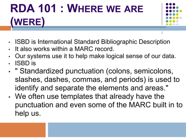 RDA Intro - AACR2 / MARC> RDA / FRBR / Semantic Web | PPTX
