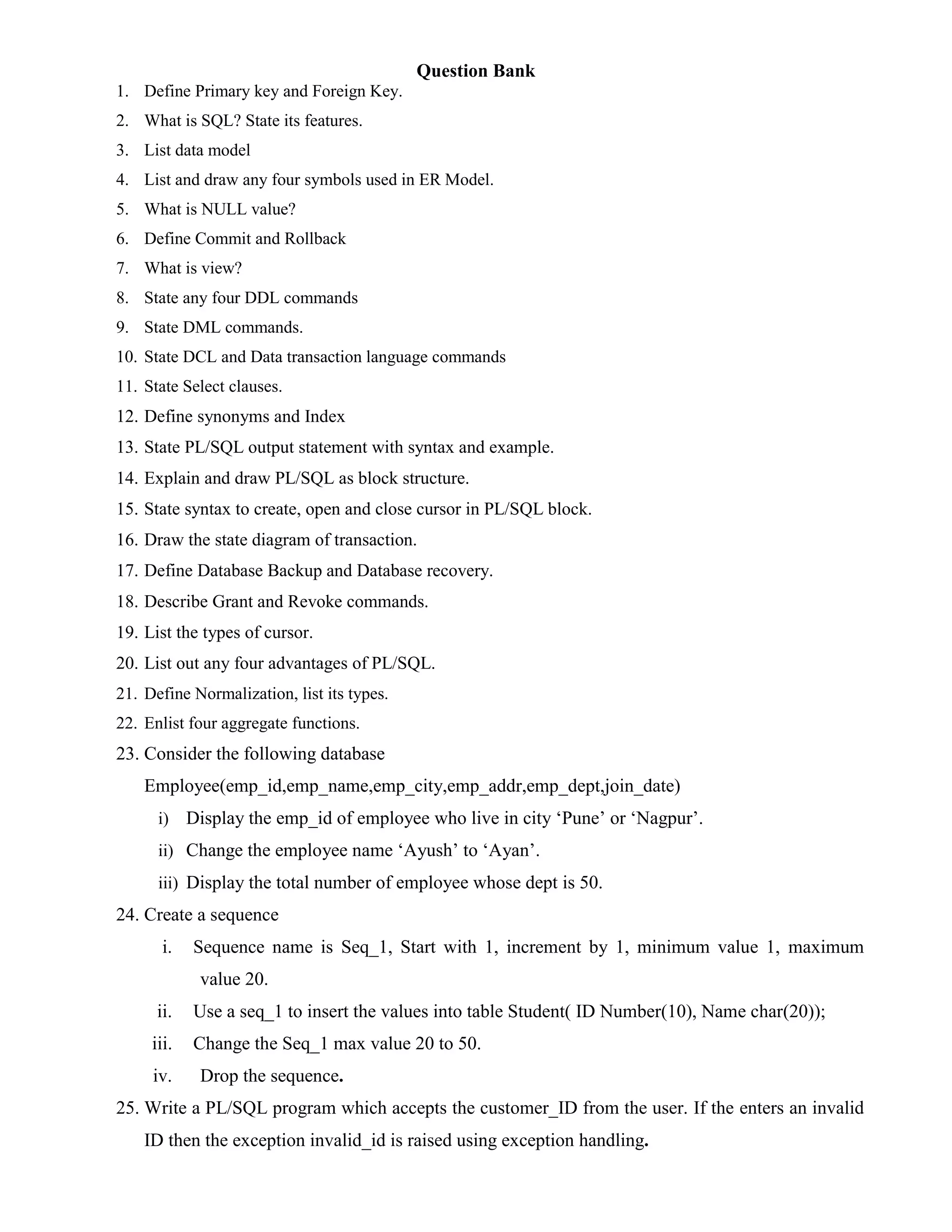 Rdbms class test ii sep 2019 | PDF