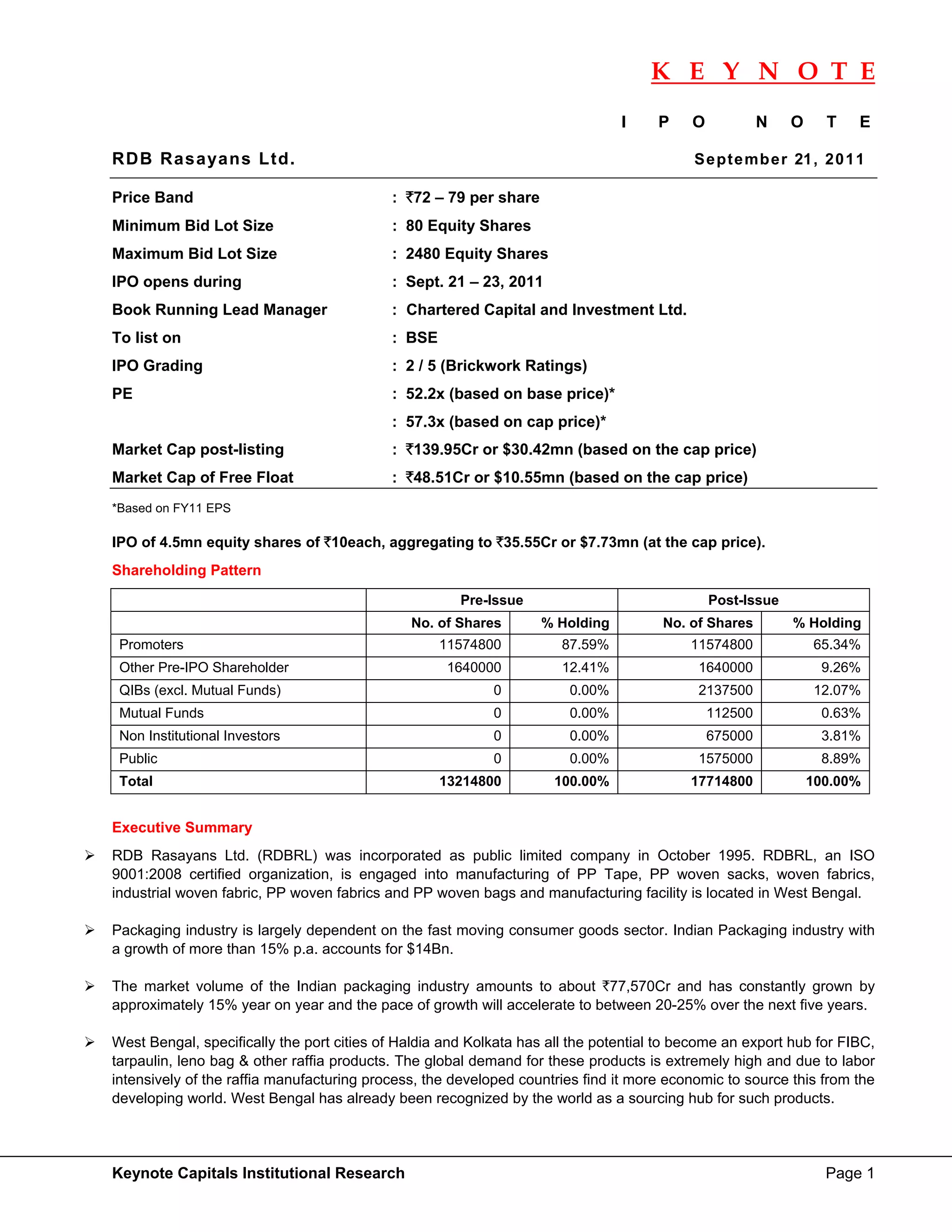 Rdb rasayans ipo note (keynote capitals) | PDF | Business Accounting & Finance | Business