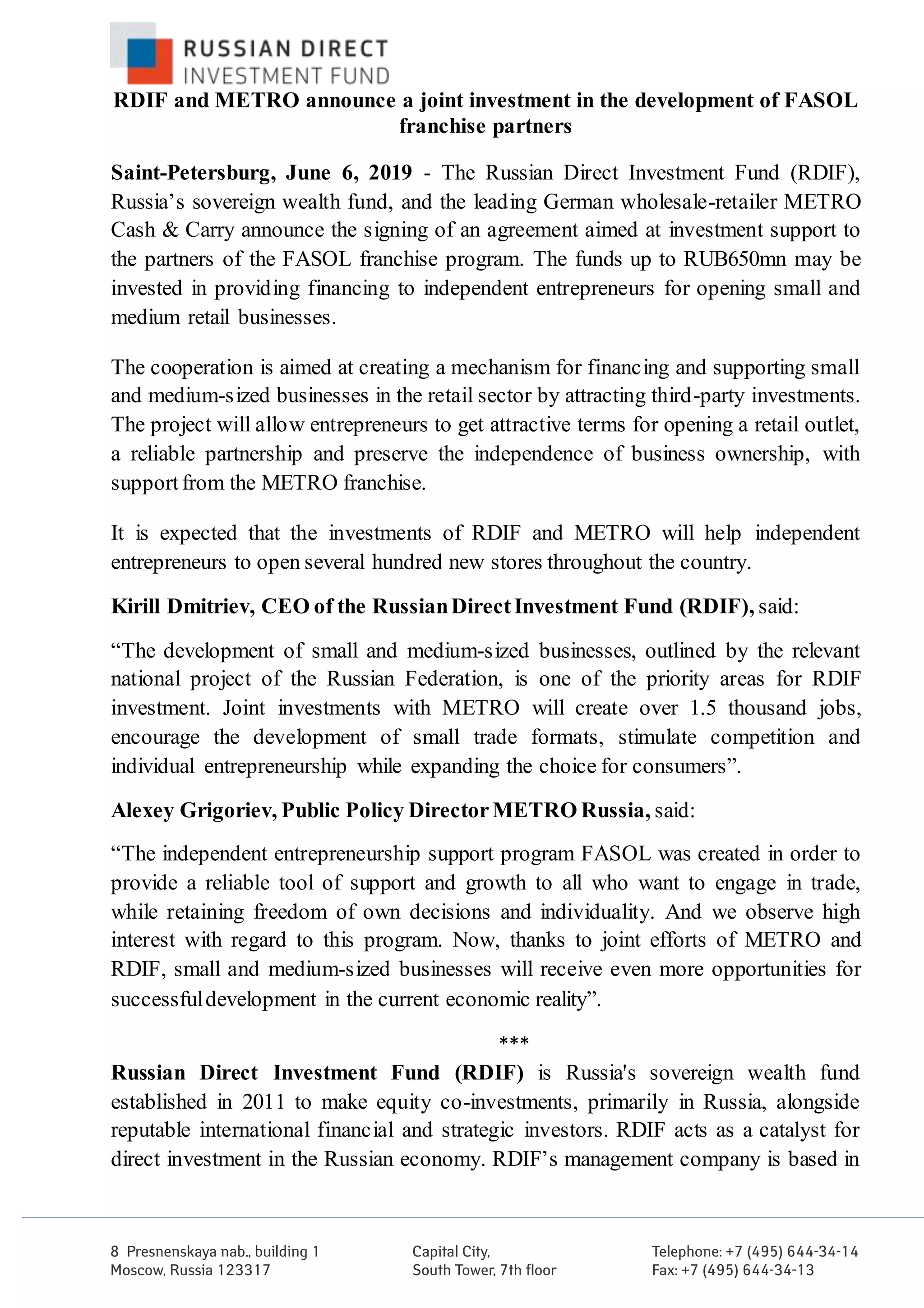 RDIF and METRO announce a joint investment in the development of FASOL ...