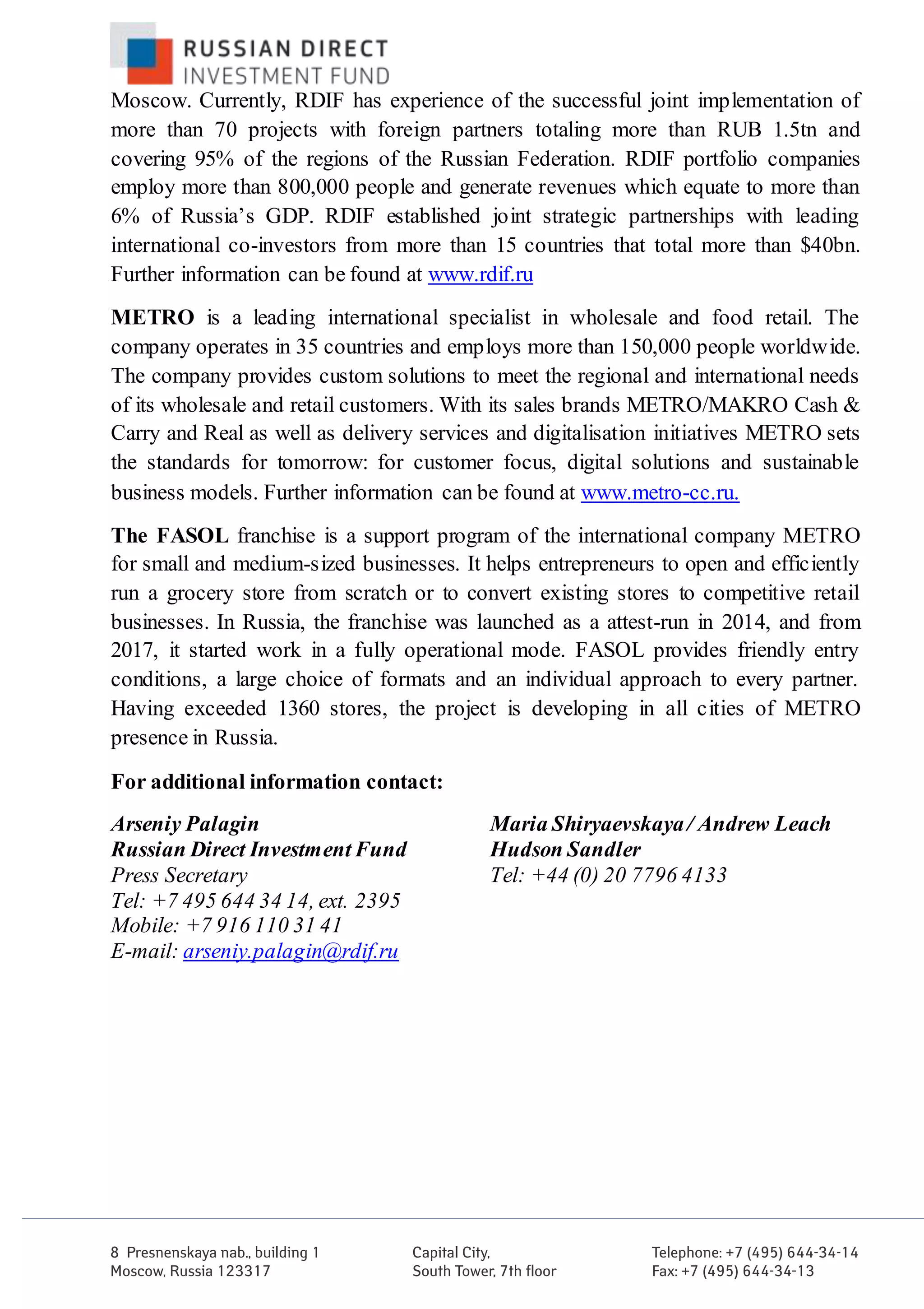 RDIF and METRO announce a joint investment in the development of FASOL ...