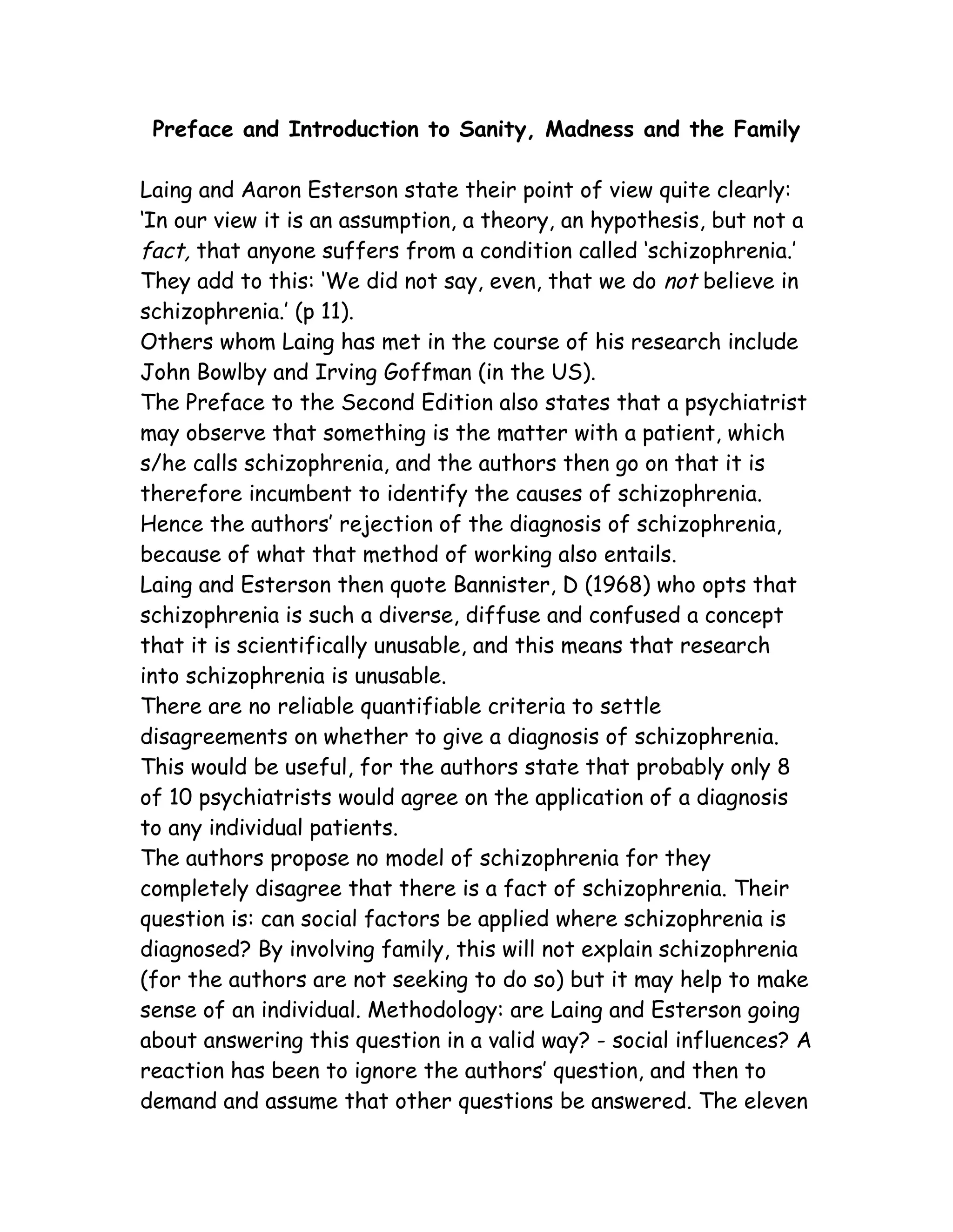 R D Laing Sanity Madness and the Family preface and introduction | DOC