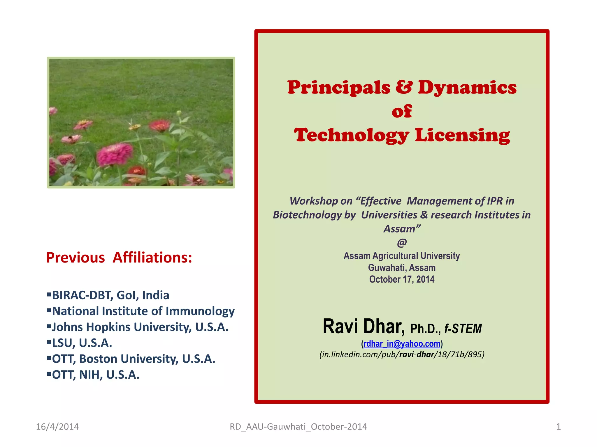 Dr. Ravi Dhar on " Licensing Technologies: Principals & Dynamics" | PPT
