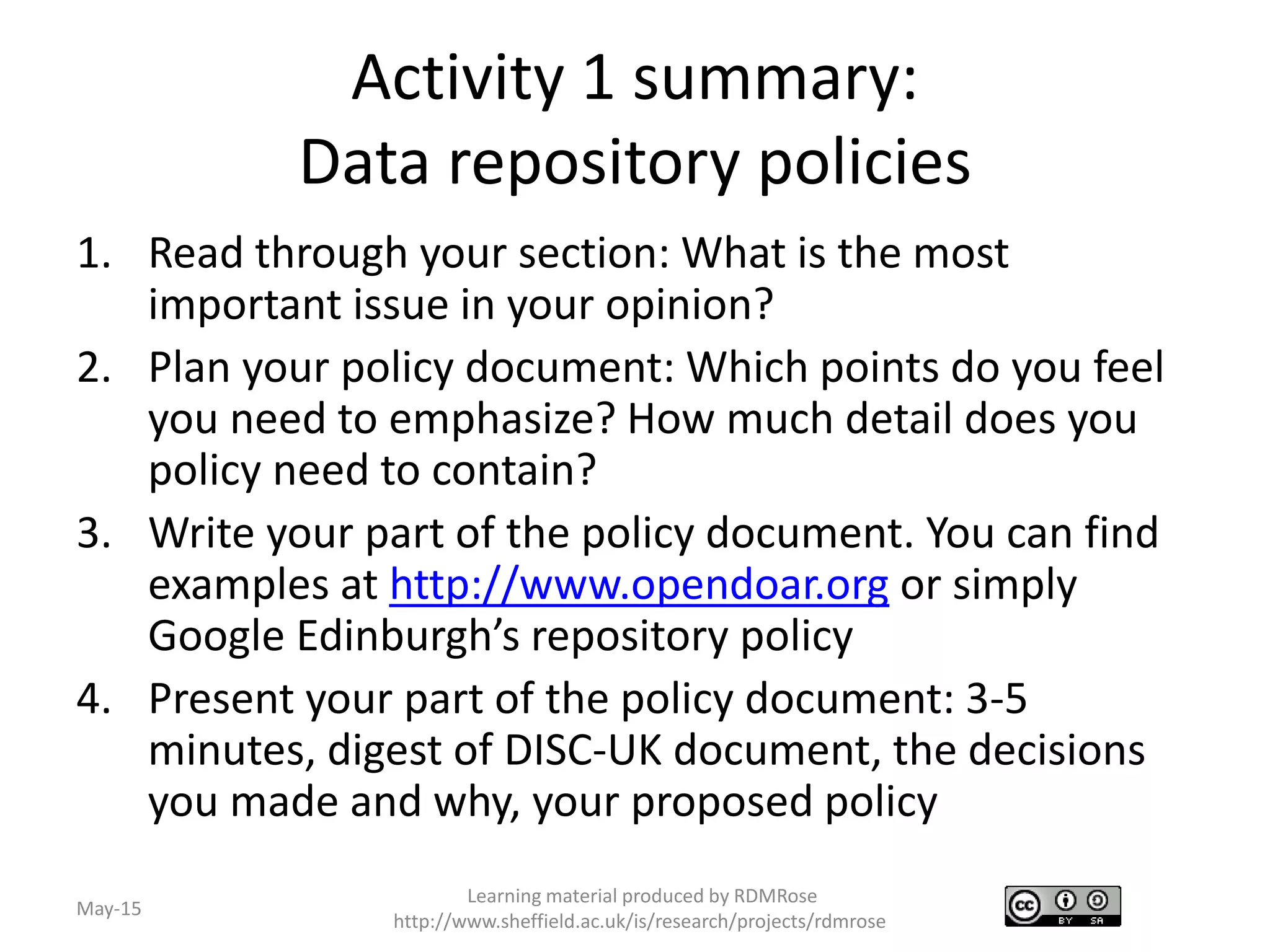 RDMRose 2.3 Institutional data repository policies | PPTX