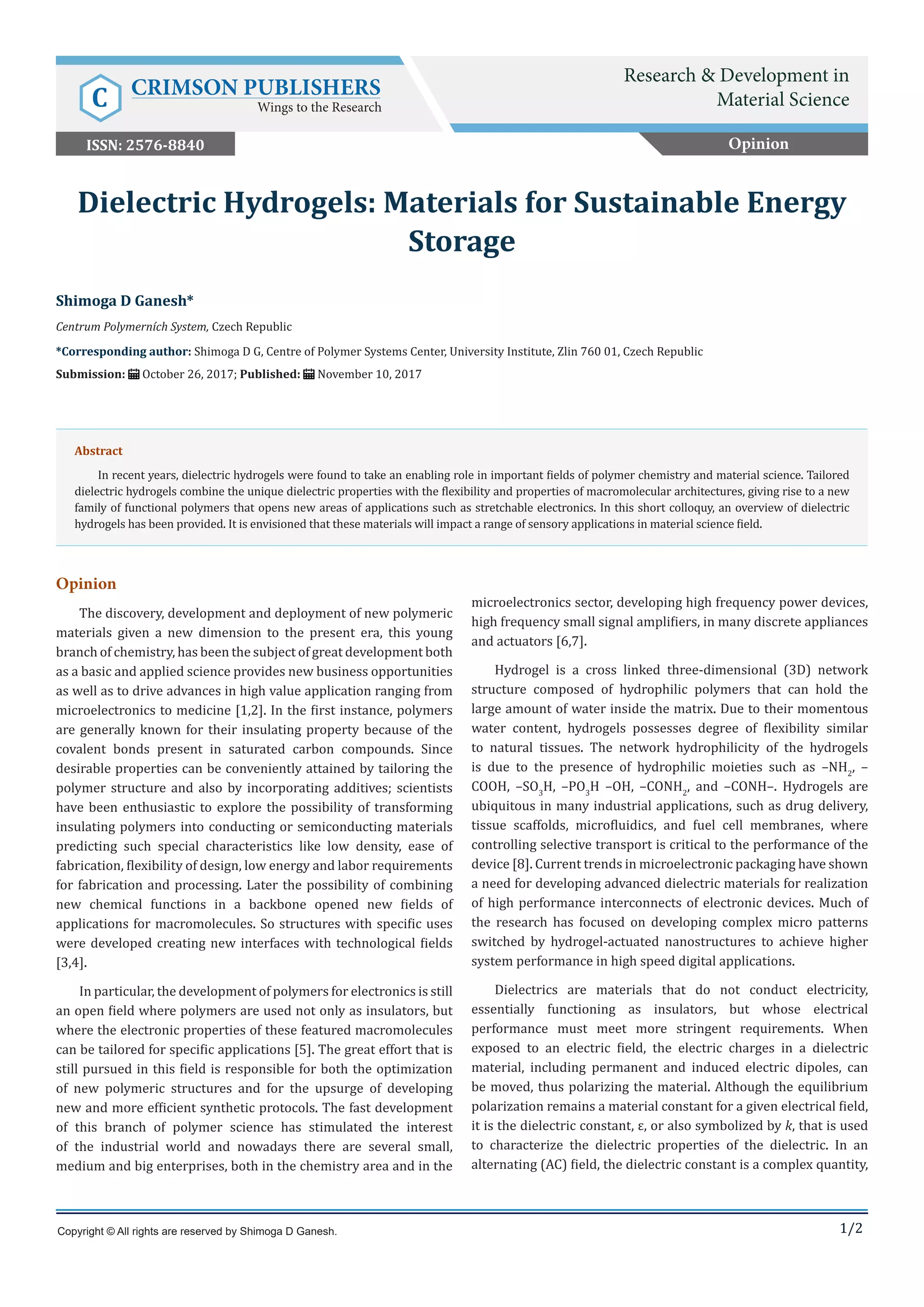 Dielectric Hydrogels: Materials for Sustainable Energy Storage- Crimson ...