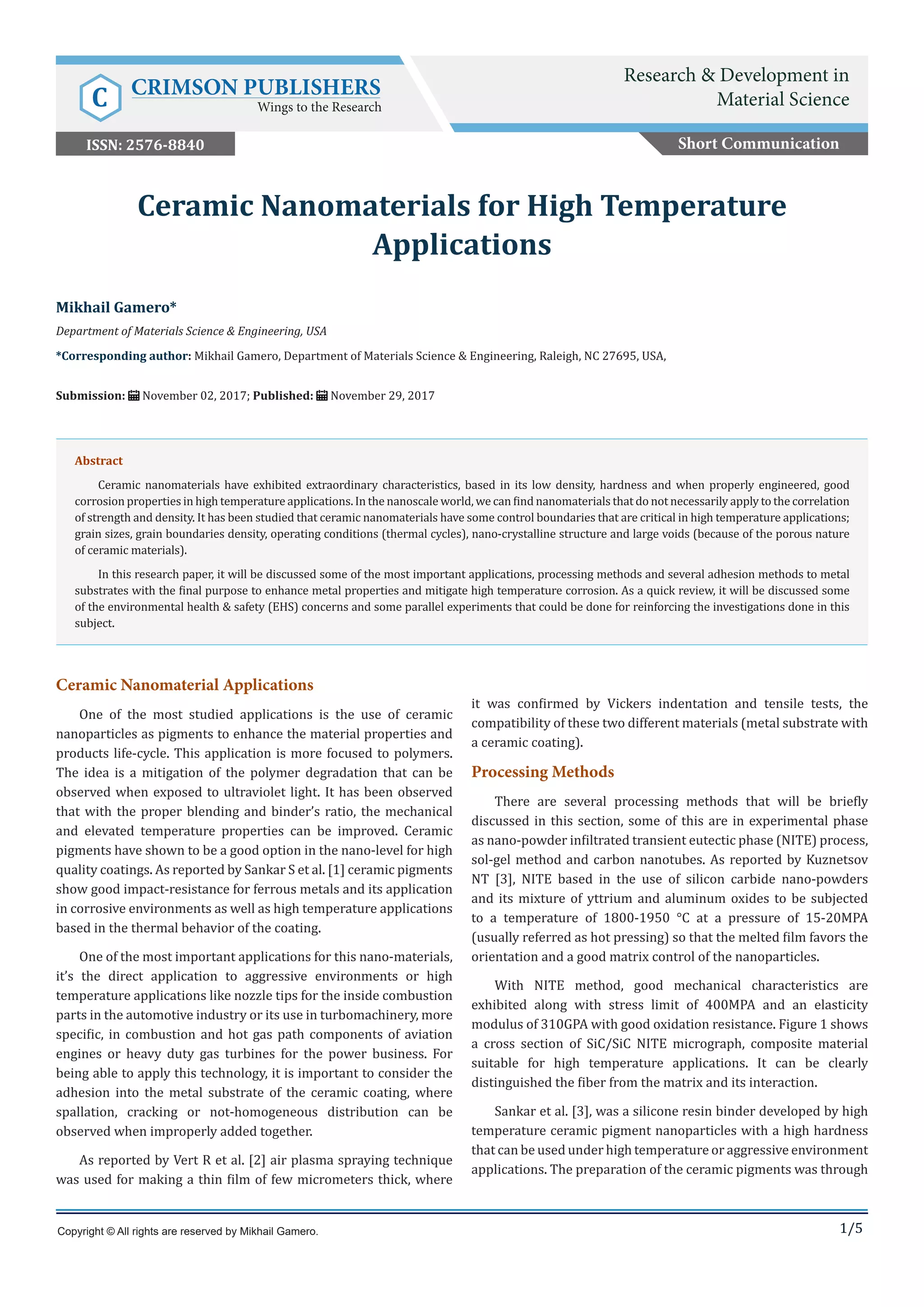 Ceramic Nanomaterials for High Temperature Applications -Crimson ...
