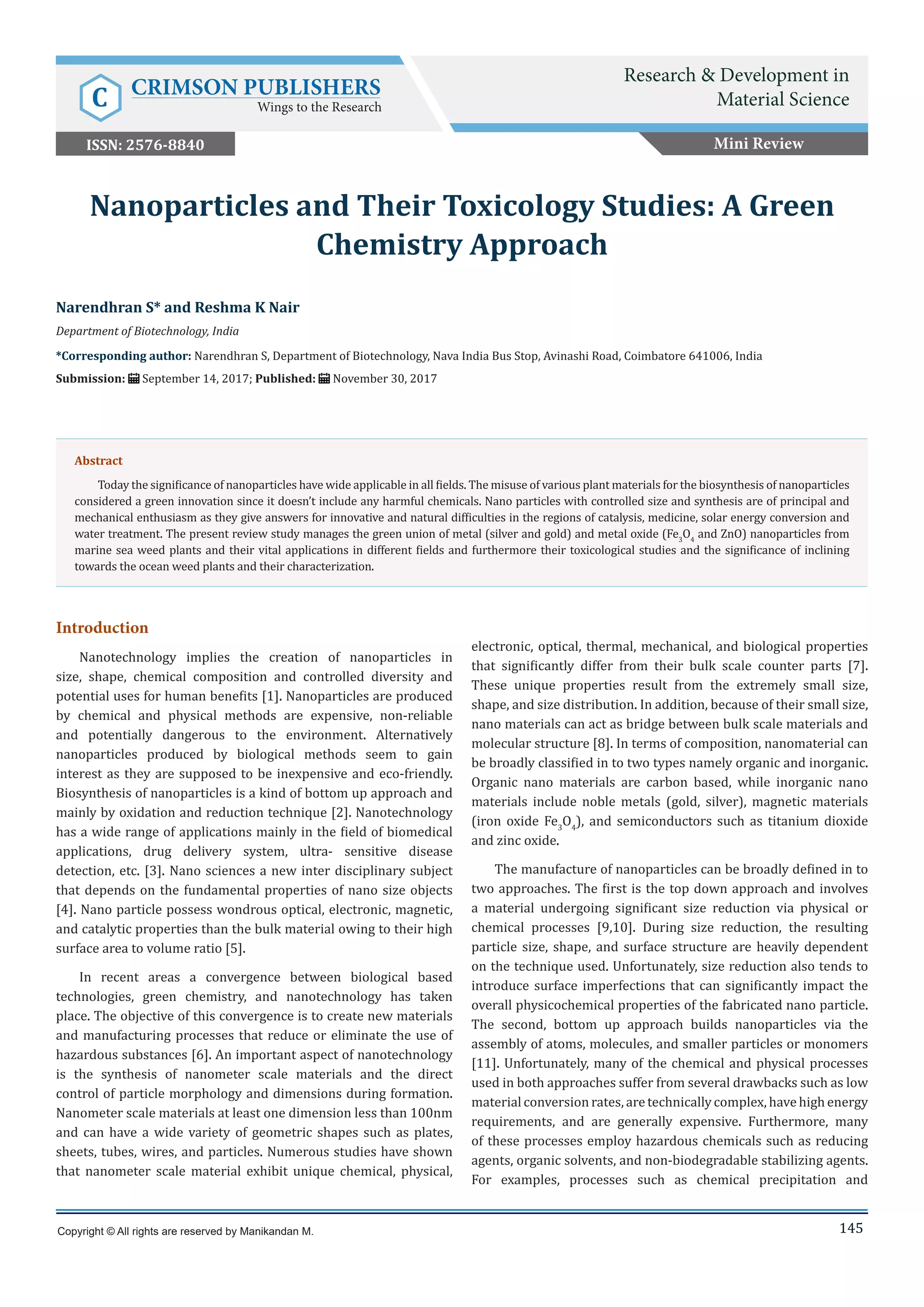 Nanoparticles and Their Toxicology Studies: A Green Chemistry Approach-Crimson Publishers | PDF
