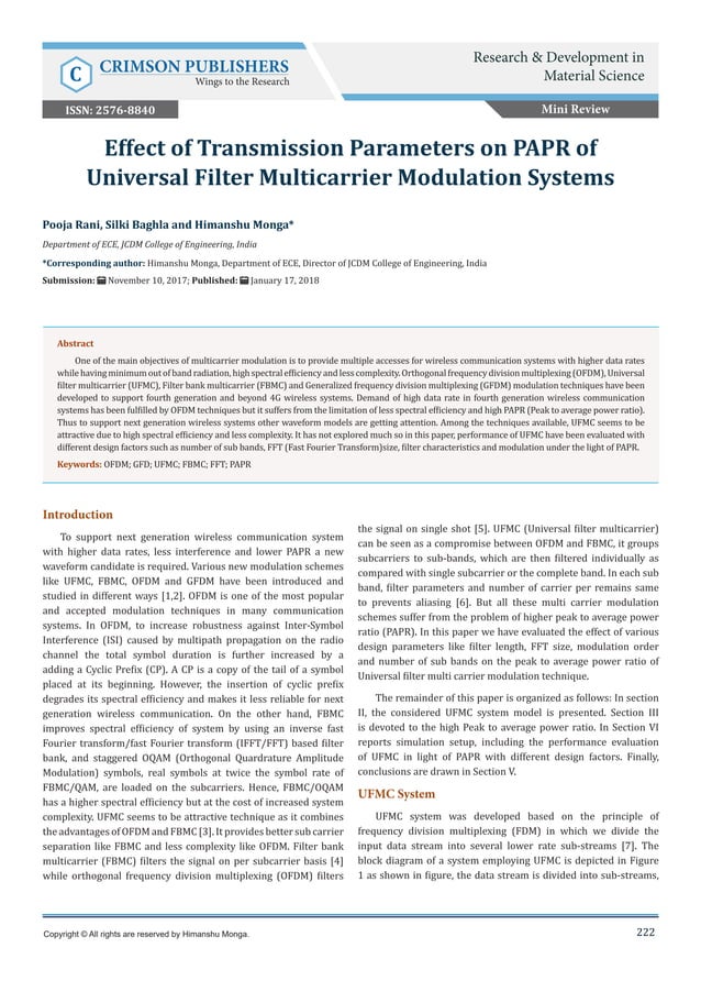 Effect Of Transmission Parameters On Papr Of Universal Filter Multicarrier Modulation Systems