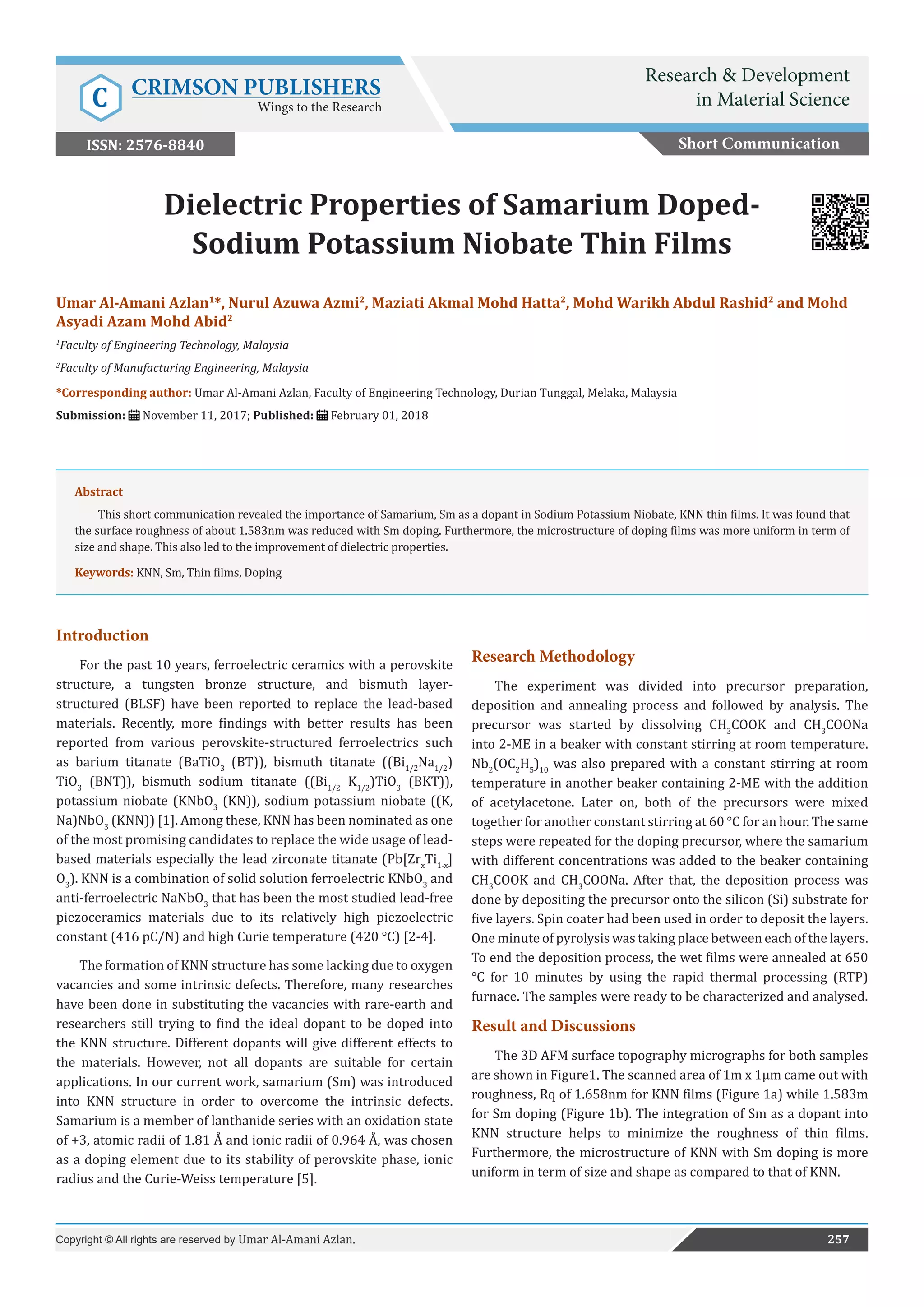Dielectric Properties of Samarium Doped- Sodium Potassium Niobate Thin ...