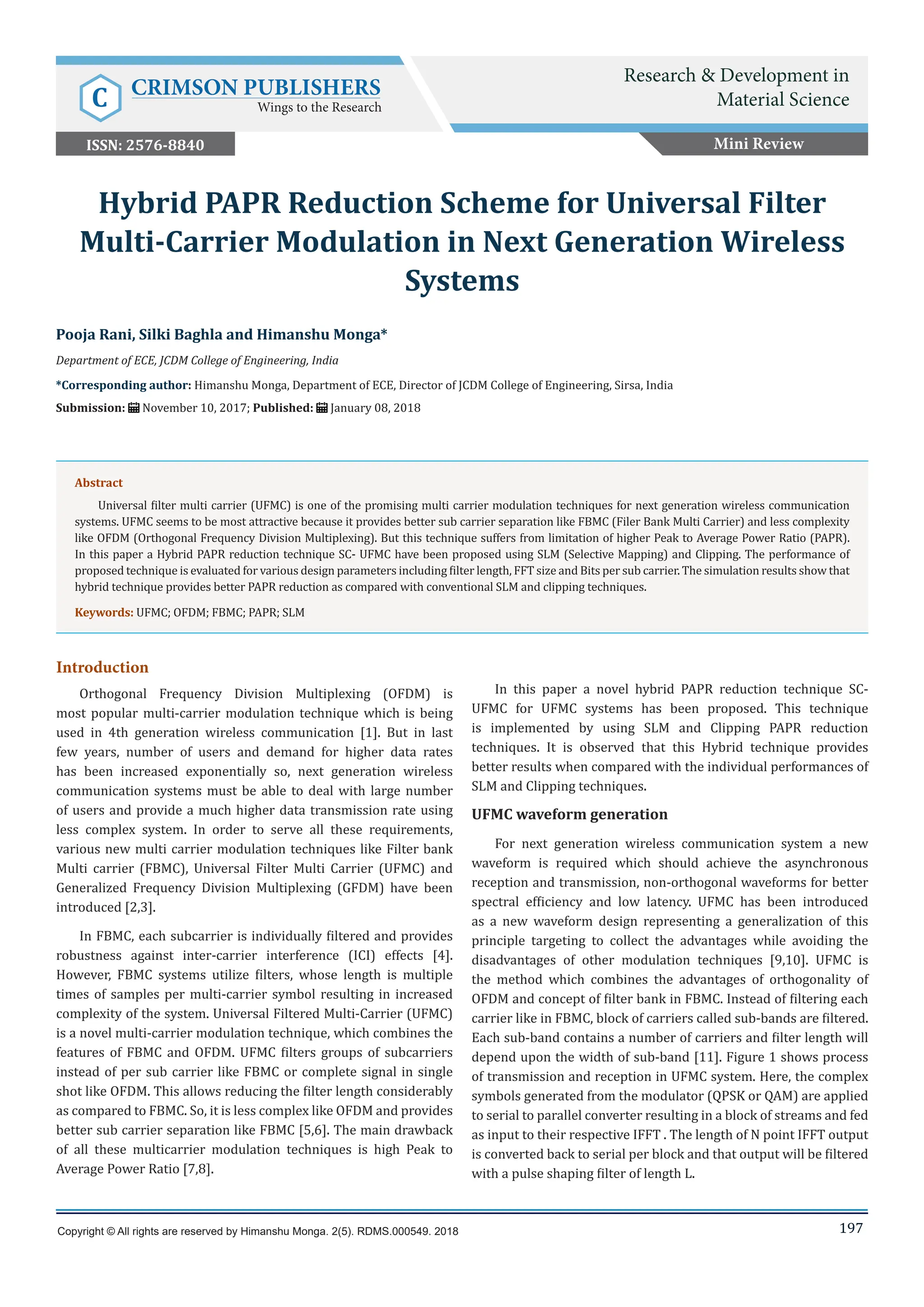 Hybrid PAPR Reduction Scheme for Universal Filter Multi-Carrier ...