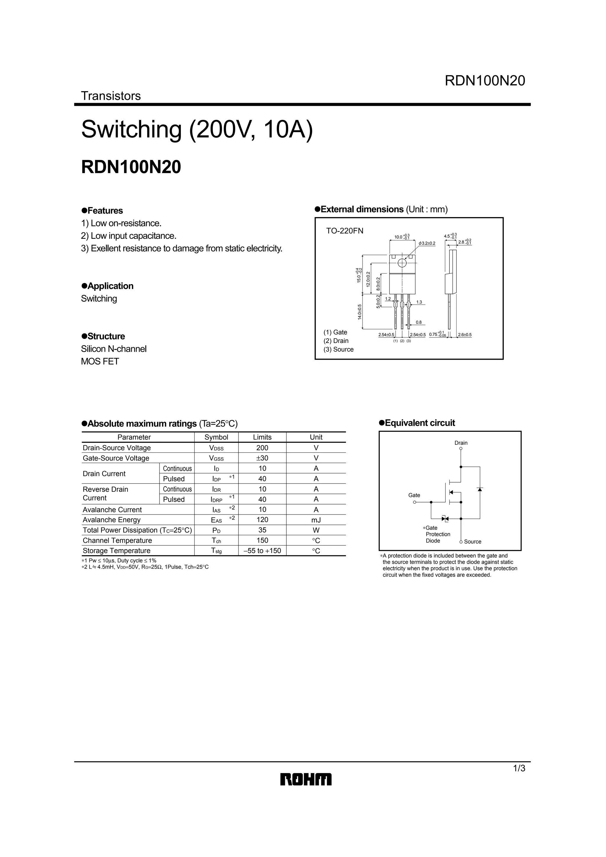 Original MOSFET N-CHANNEL RDN100N20 RDN100N TO-220 200V 10A New | PDF
