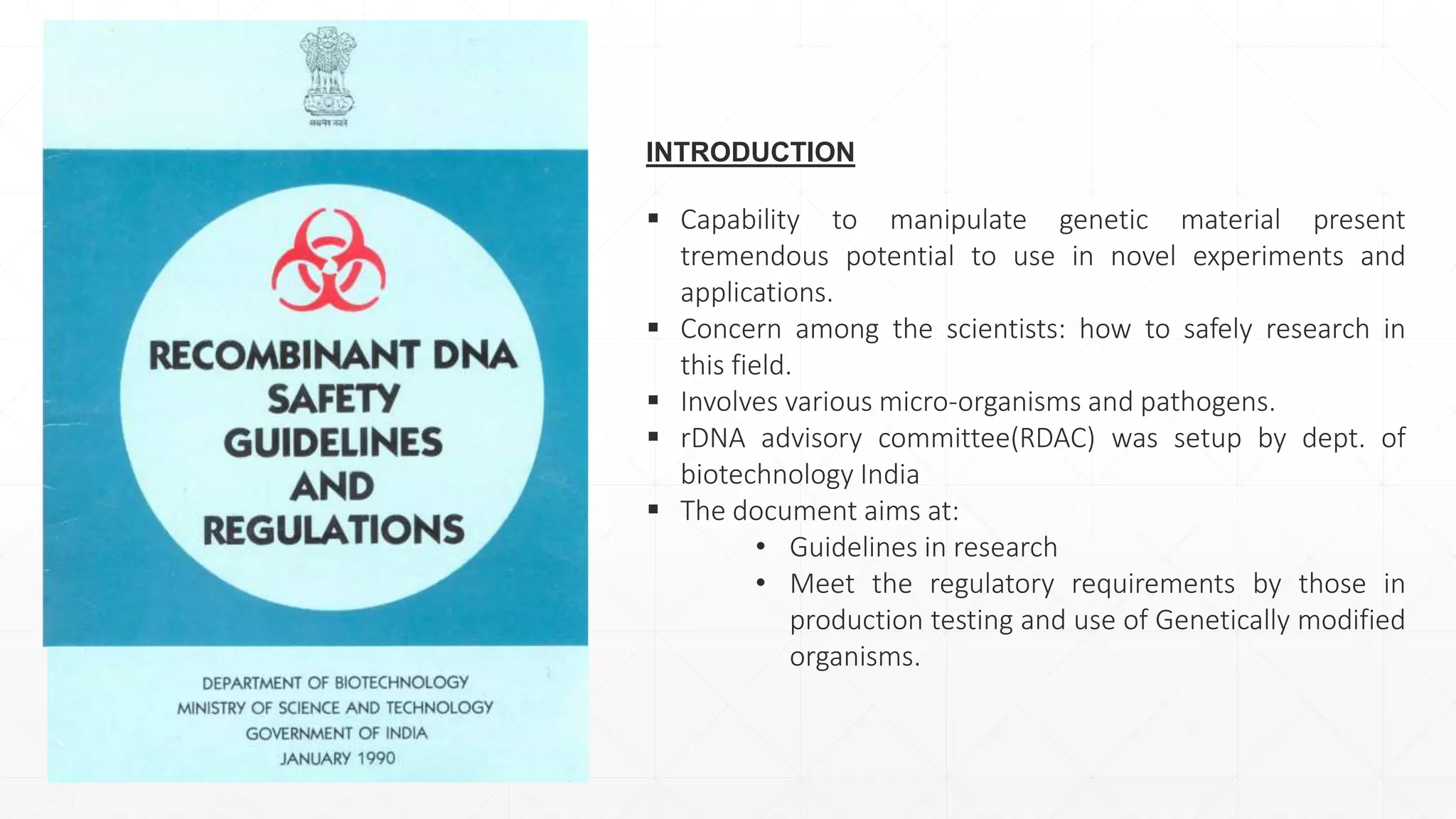 rDNA Technology-Biosafety Regulations and Guidelines | PPTX