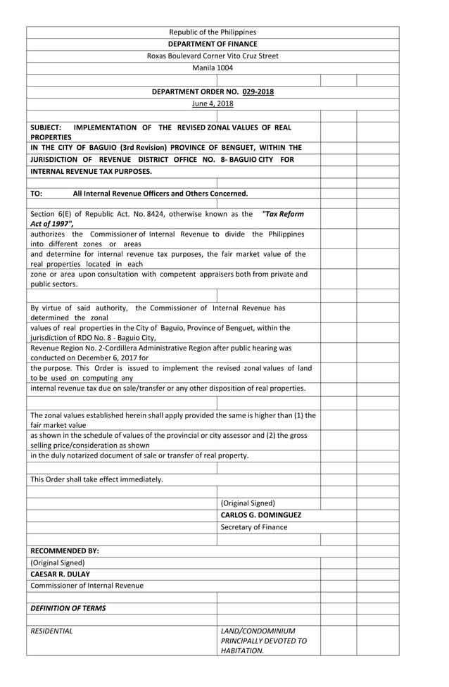 RDO no. 8 Baguio City BIR Zonal Value | PDF | Business Accounting ...