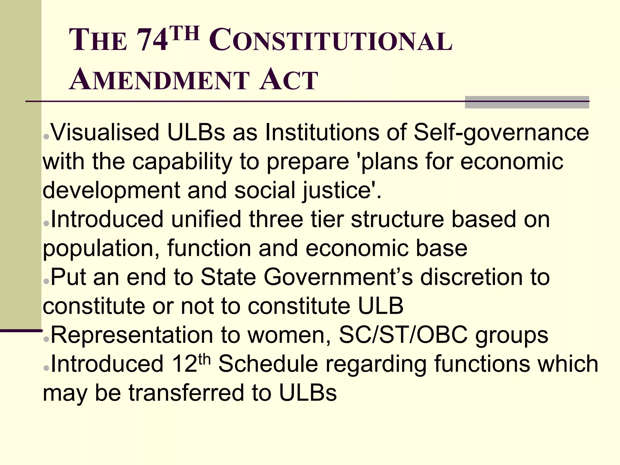 Implementation of 74th Constitutional Amendment Act - 1992 (India) | PPT