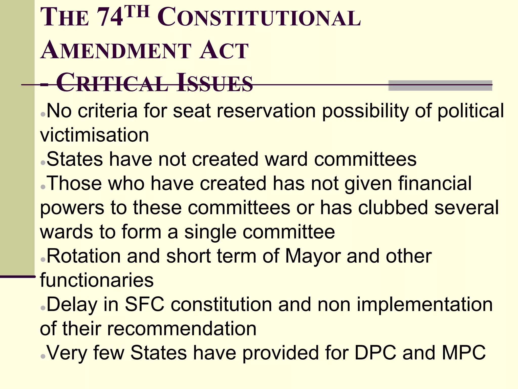 Implementation of 74th Constitutional Amendment Act - 1992 (India) | PPT