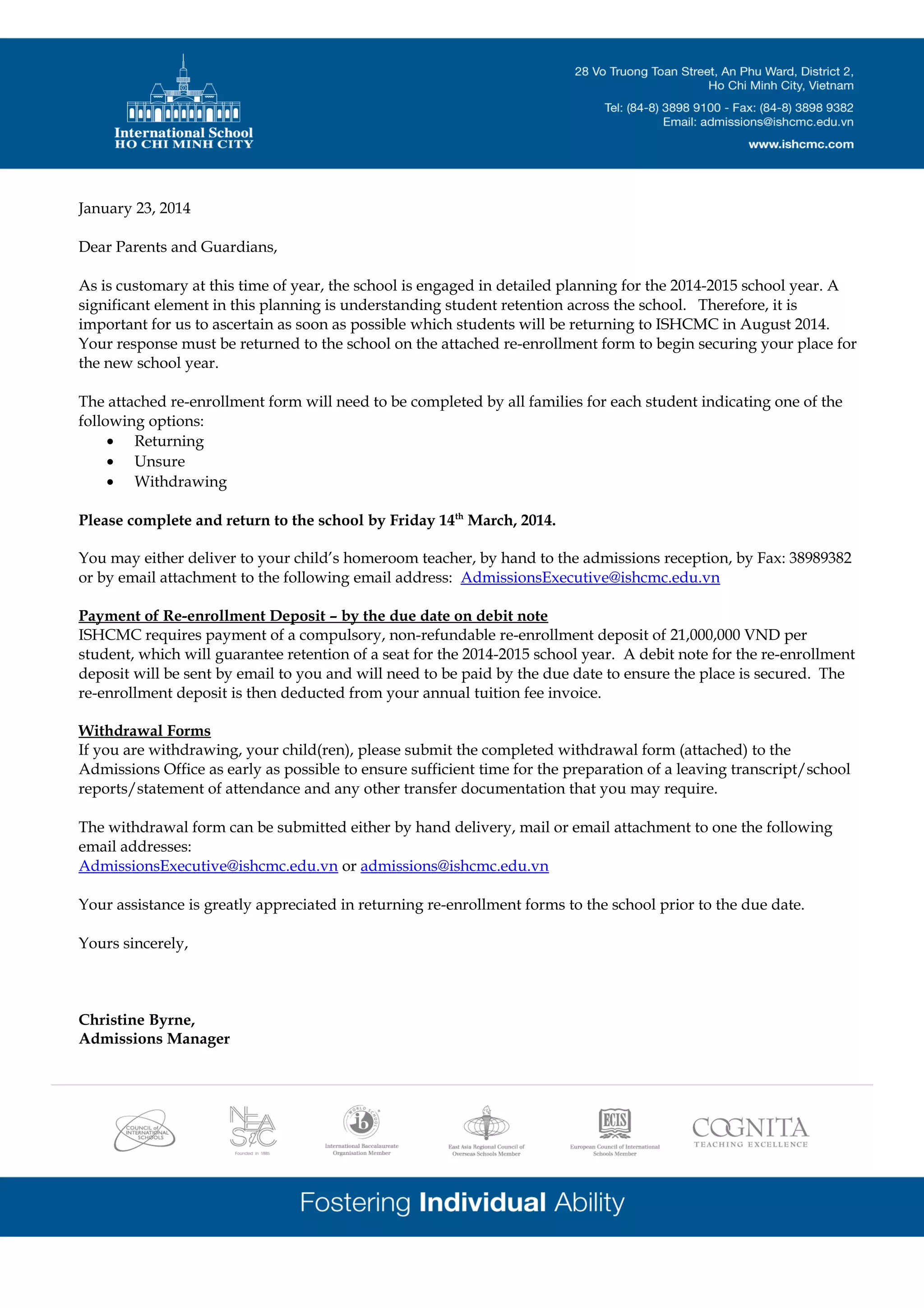 Re enrollment letter 2014-2015 | DOC