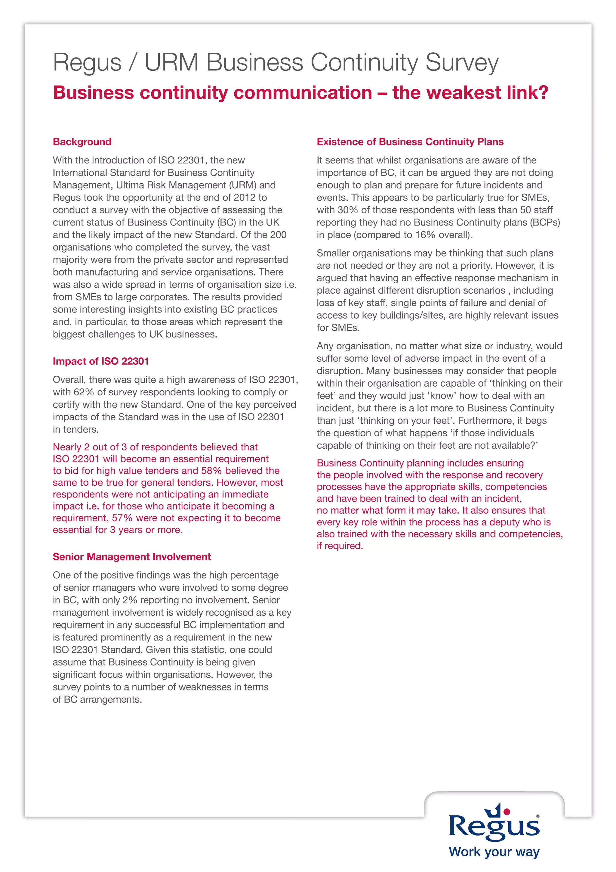 Regus / URM Business Continuity Survey | PDF | Logistics | Business
