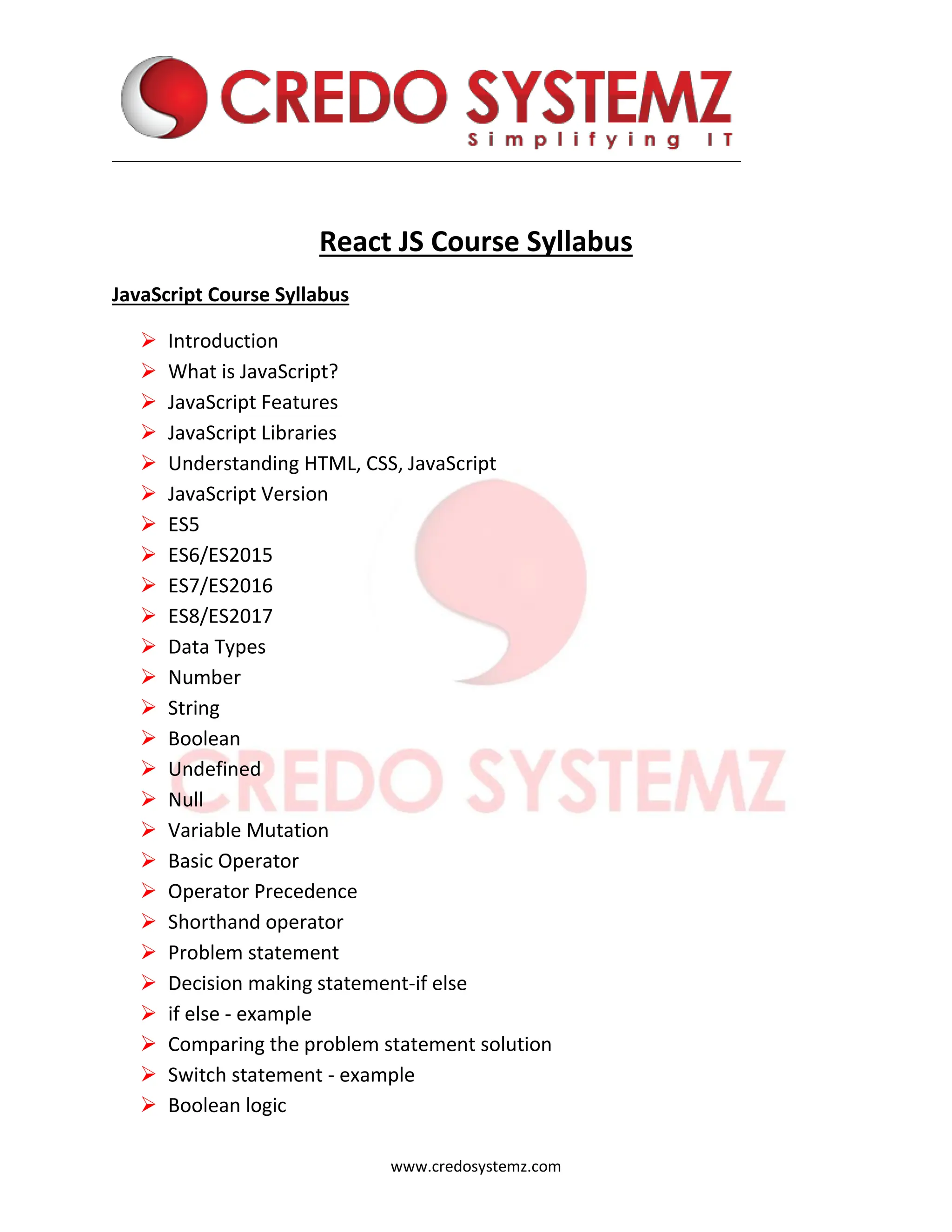 React Js Training Syllabus Basic Advancepdf