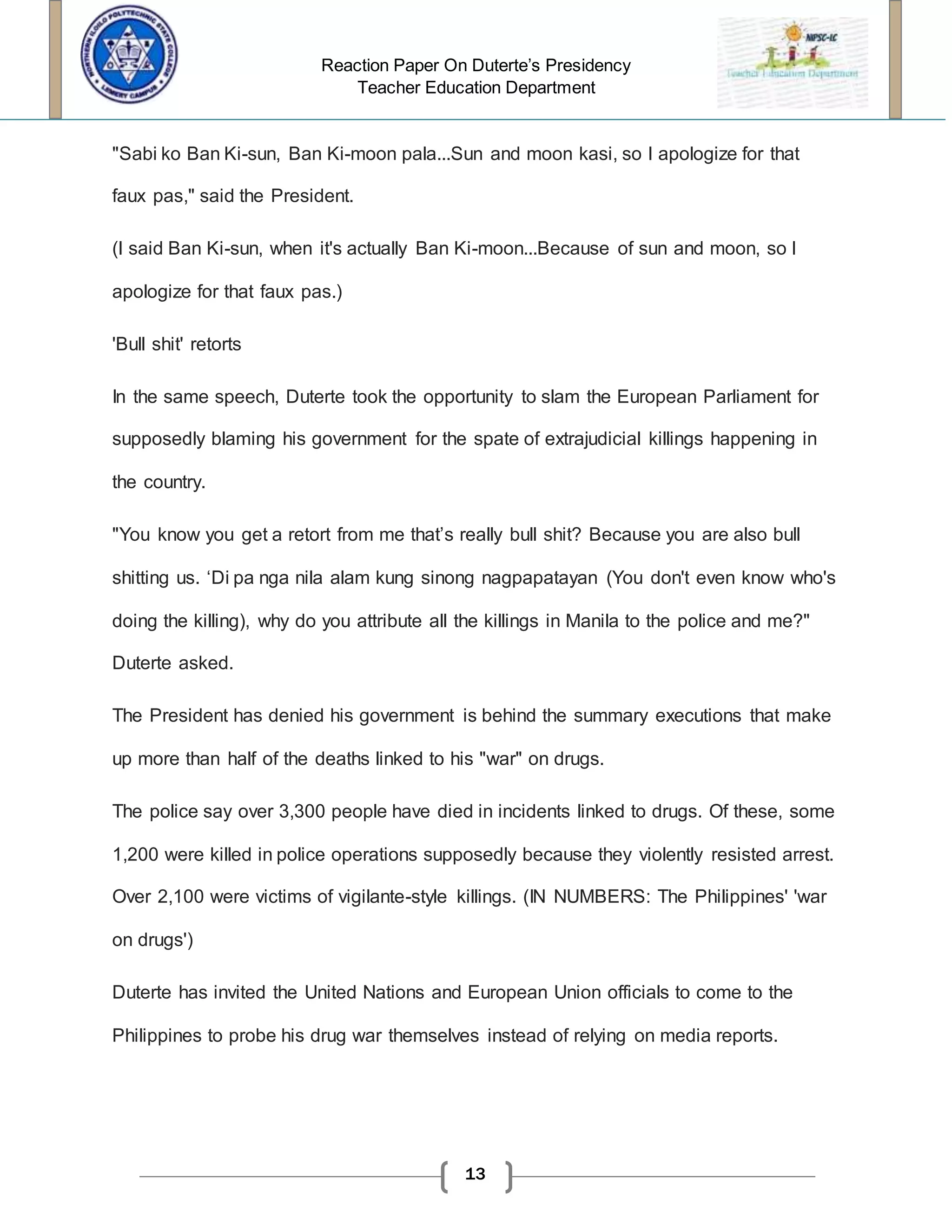 Reaction paper in President Rodrigo Duterte Administration | DOCX