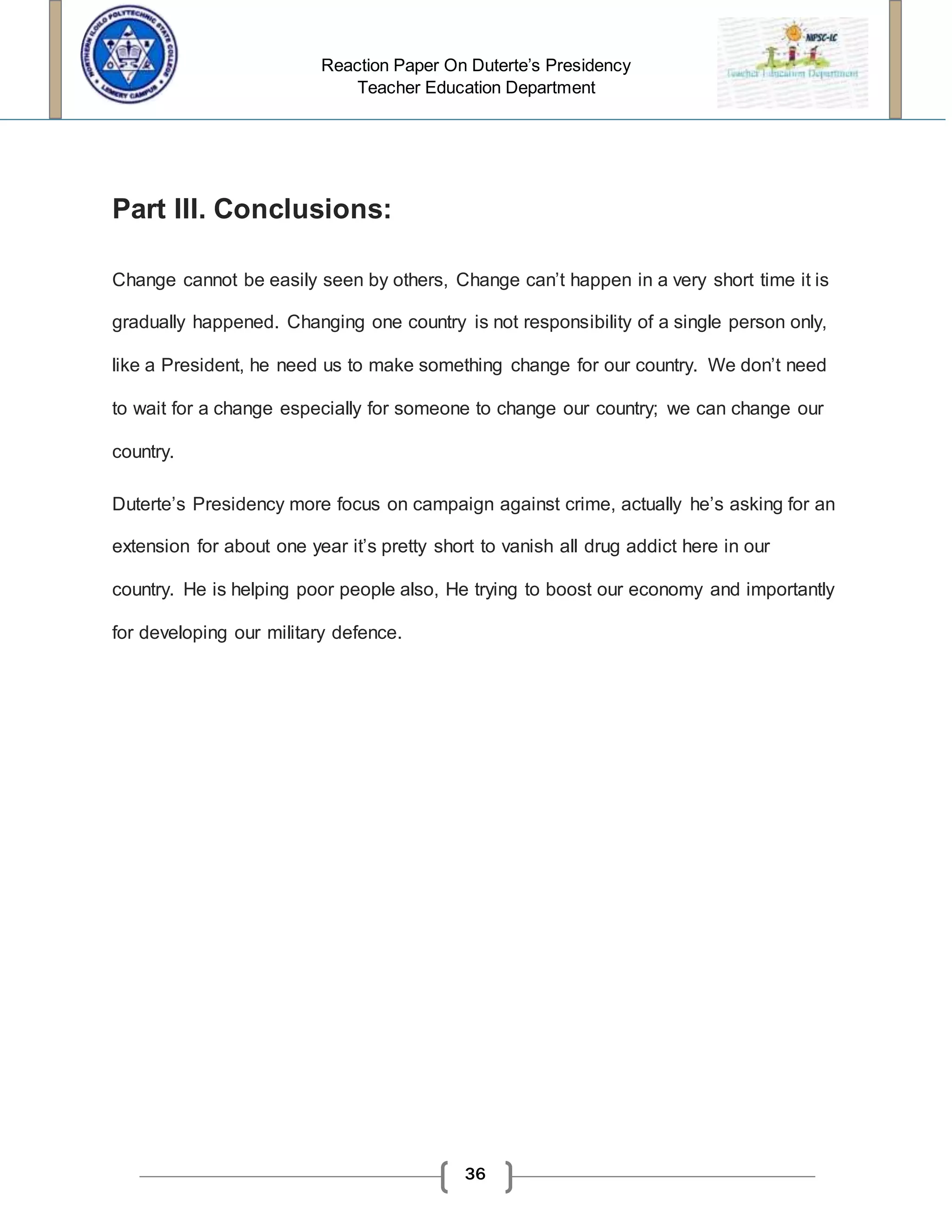 Reaction paper in President Rodrigo Duterte Administration | DOCX